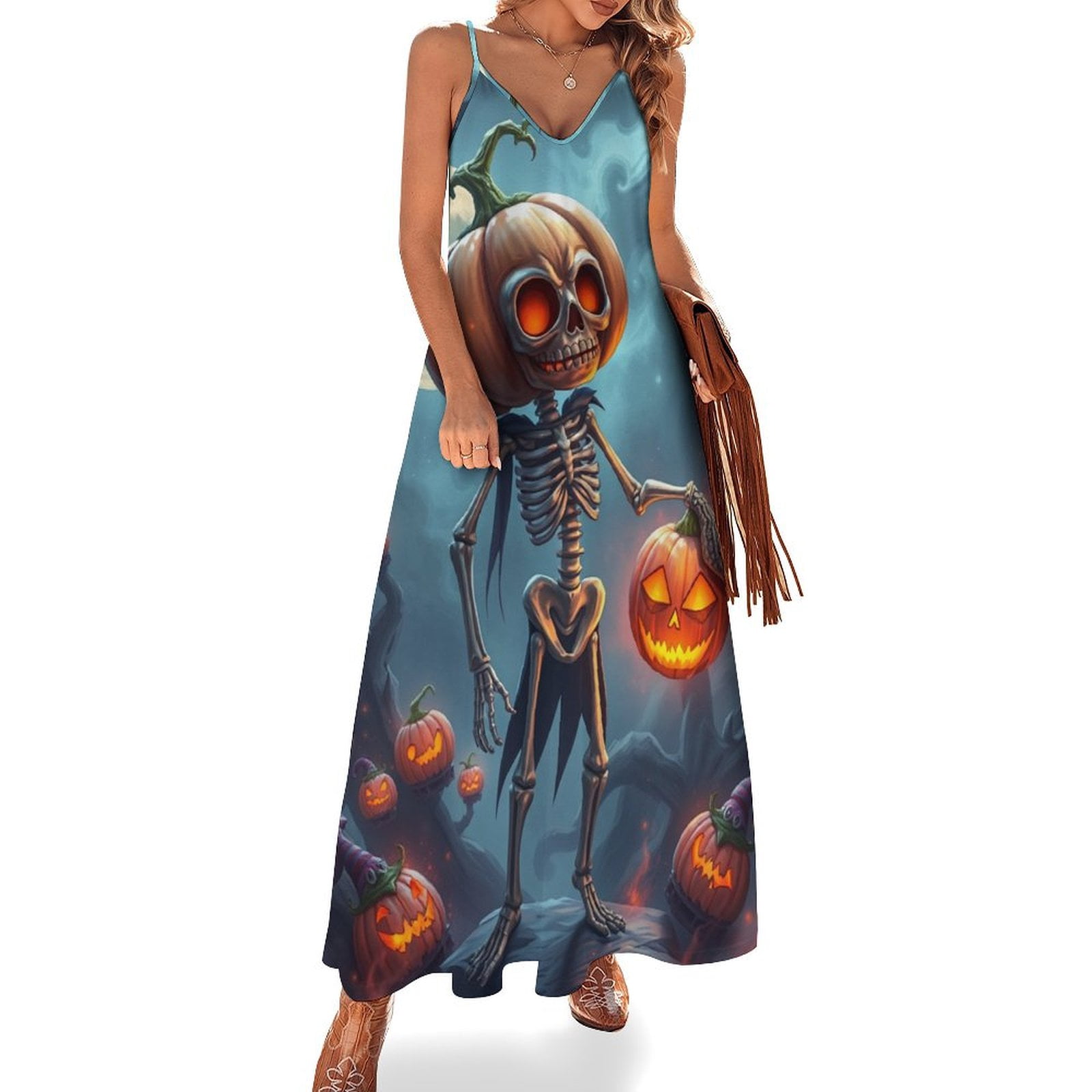 Spooky Pumpkin Skeleton Sleeveless Dress Women's Clothing 2025 ...