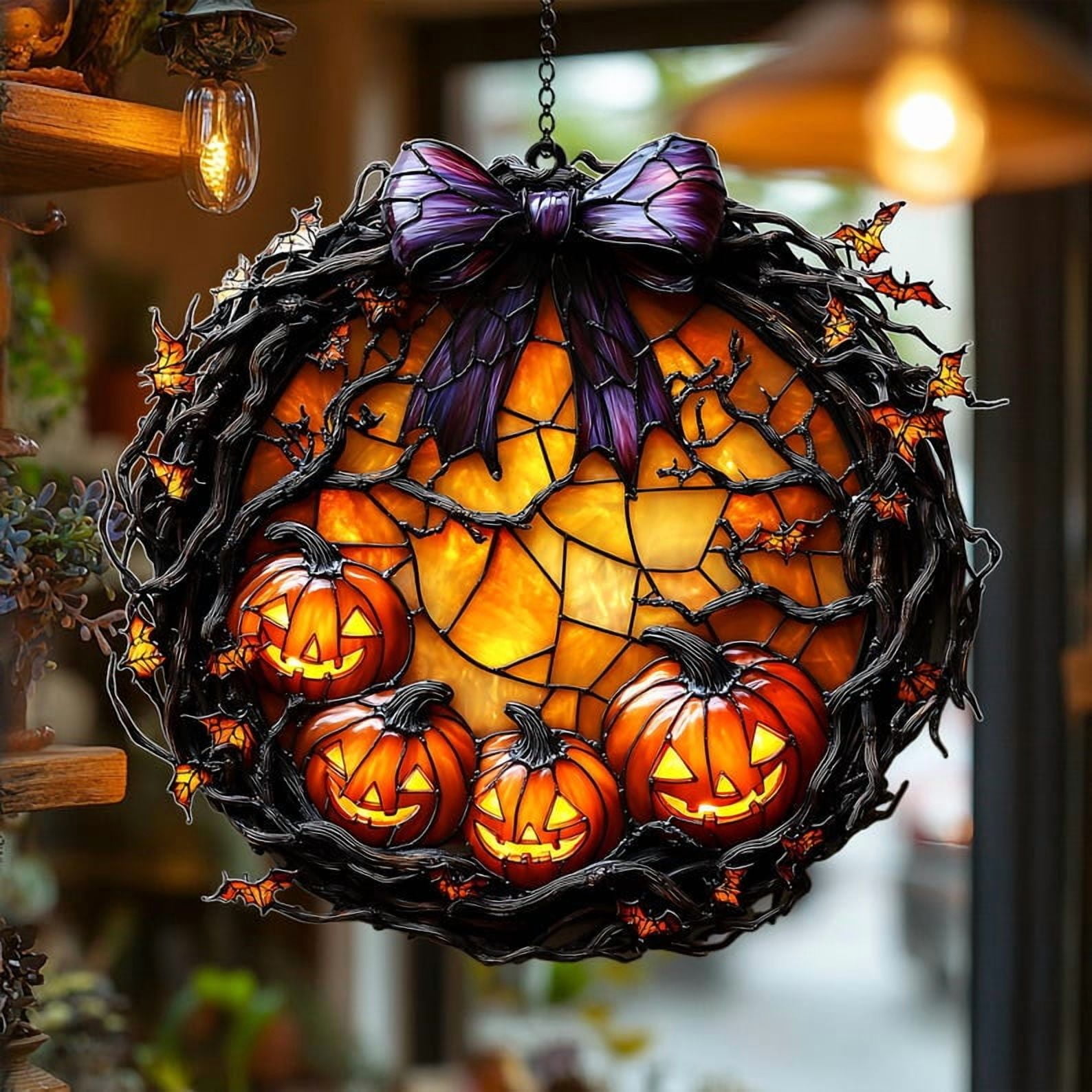 Spooky Pumpkin Wreath Faux Stained Glass Acrylic Window Suncatcher With ...