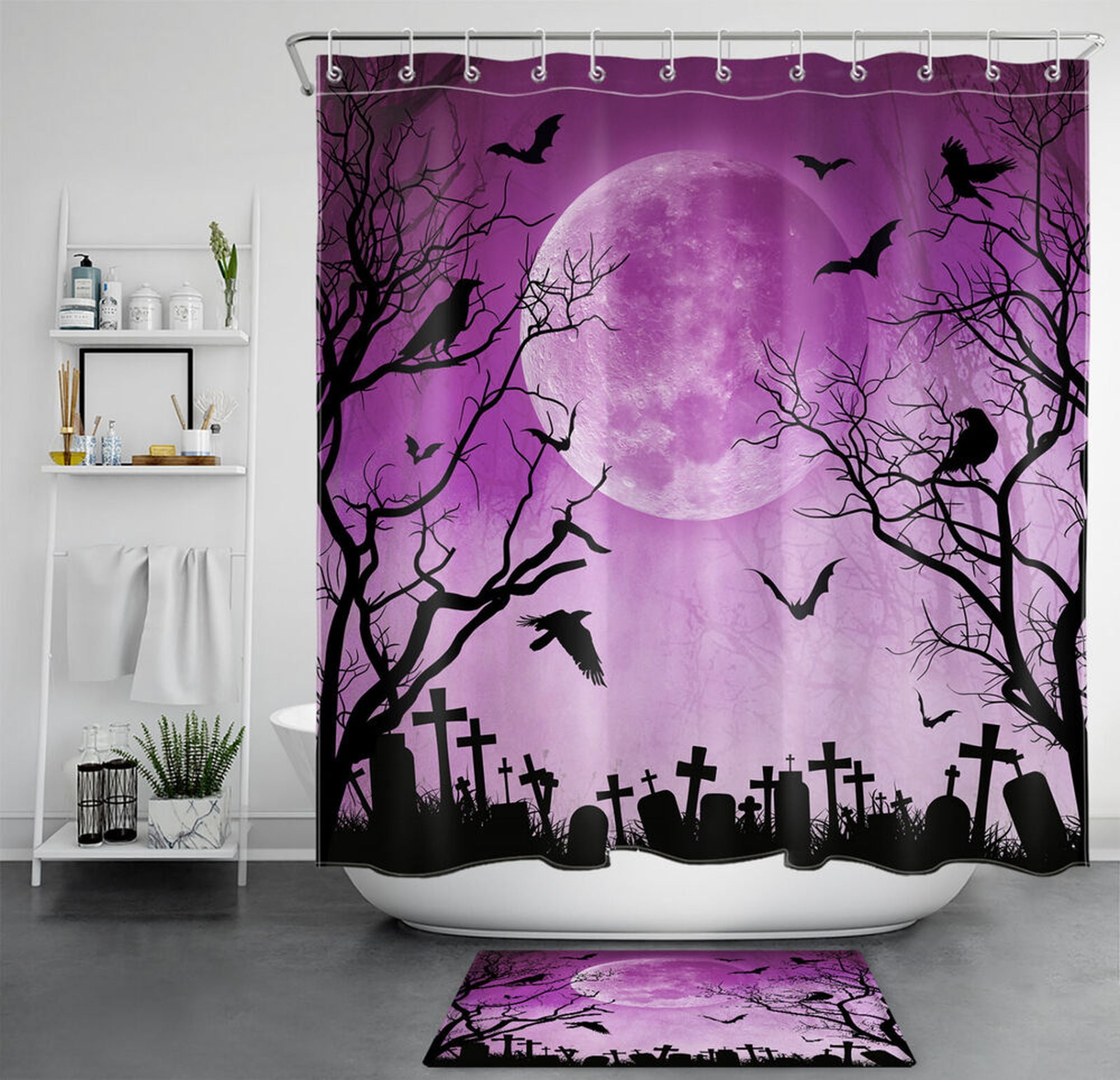 Spooky Purple Halloween Crow Bat Cemetery Shower Curtain Set