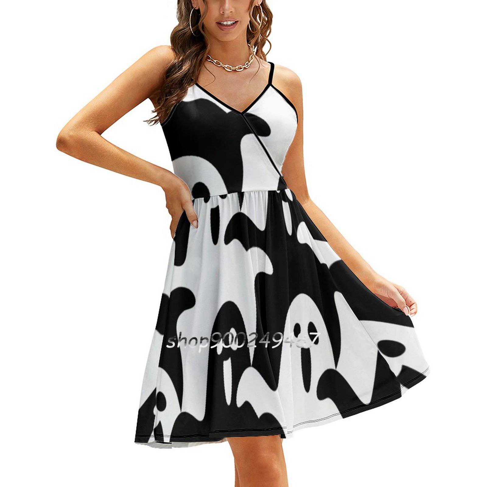 Spooky Scary Ghosts Square Neck Dress Sweet Summer Dress Women Elegant ...