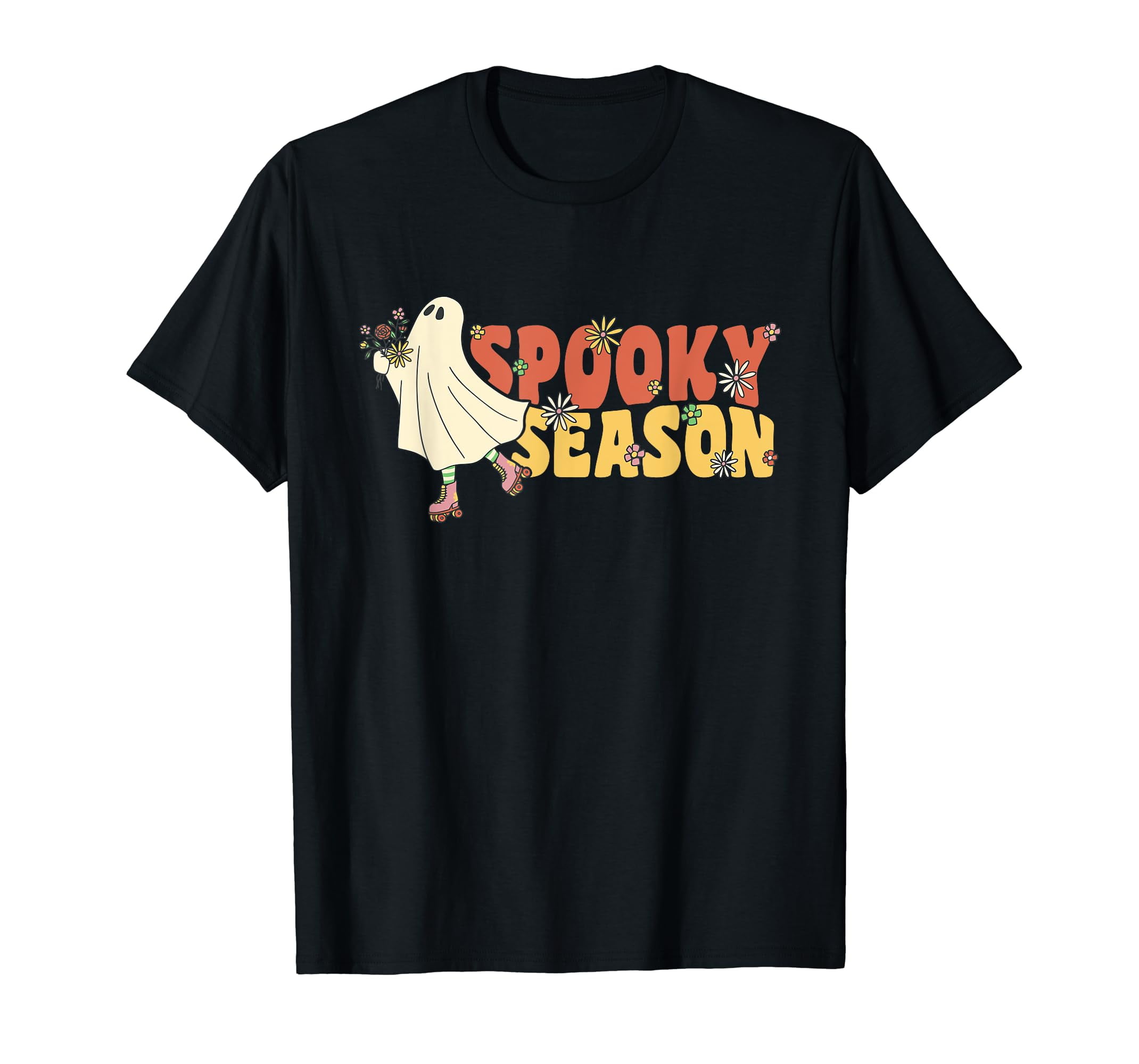 Spooky Season Groovy Ghost With Vintage Flowers Halloween T-Shirt ...
