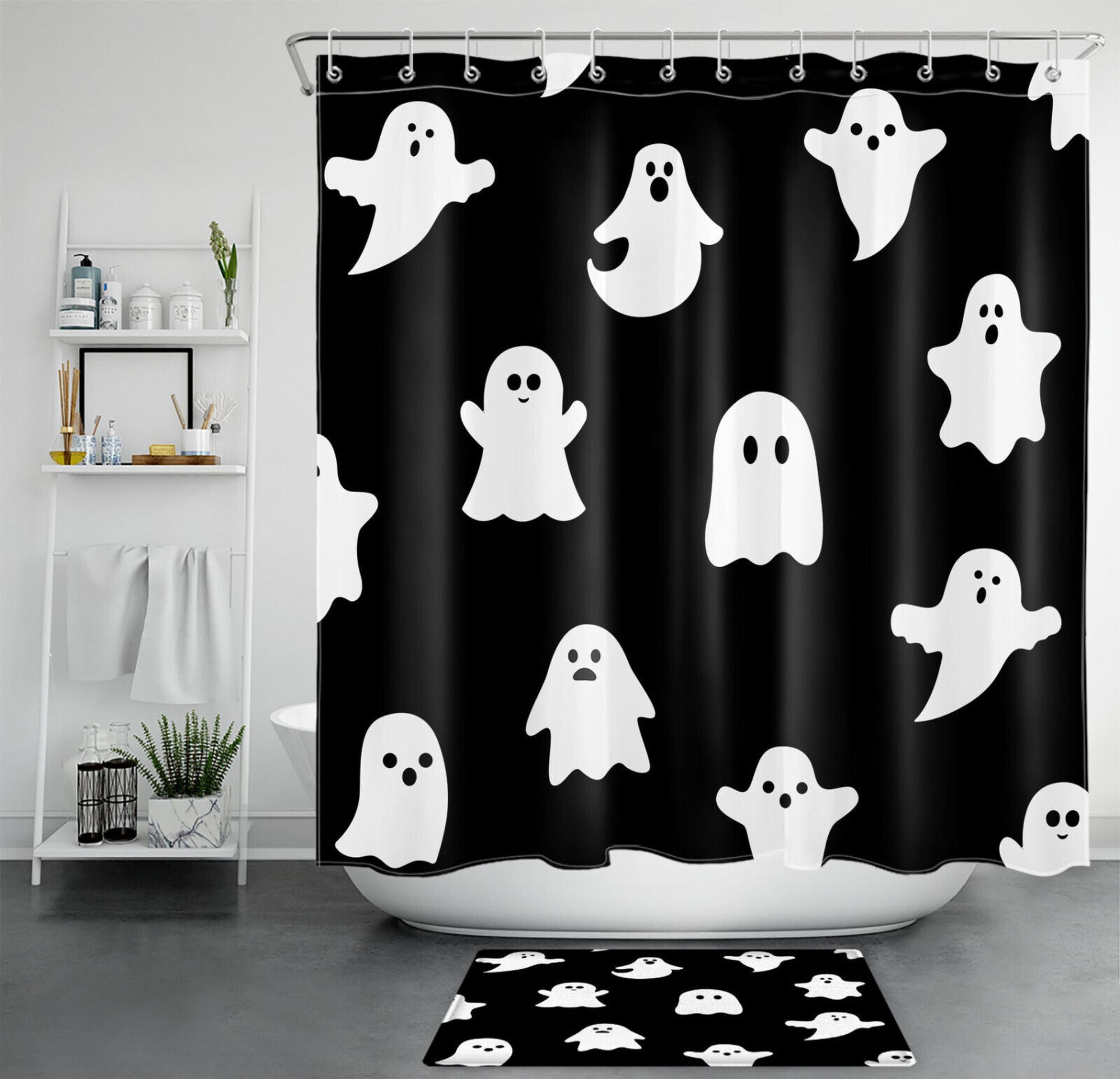 Spooky Shower: Black & White Horror Ghost Bathroom Set for Halloween ...