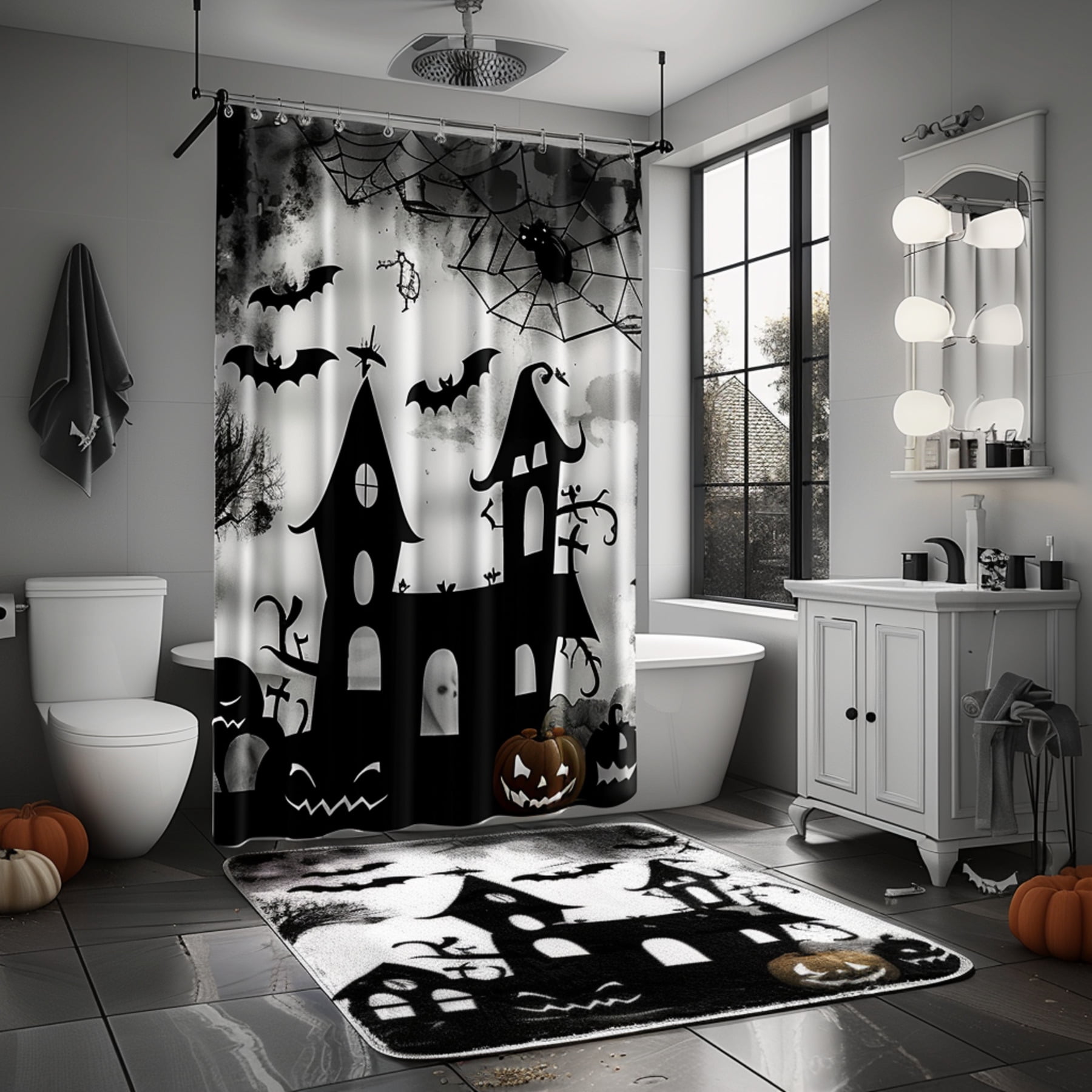 Spooky Shower Curtain Set Ghosts Bats Pumpkins And Haunted House Design