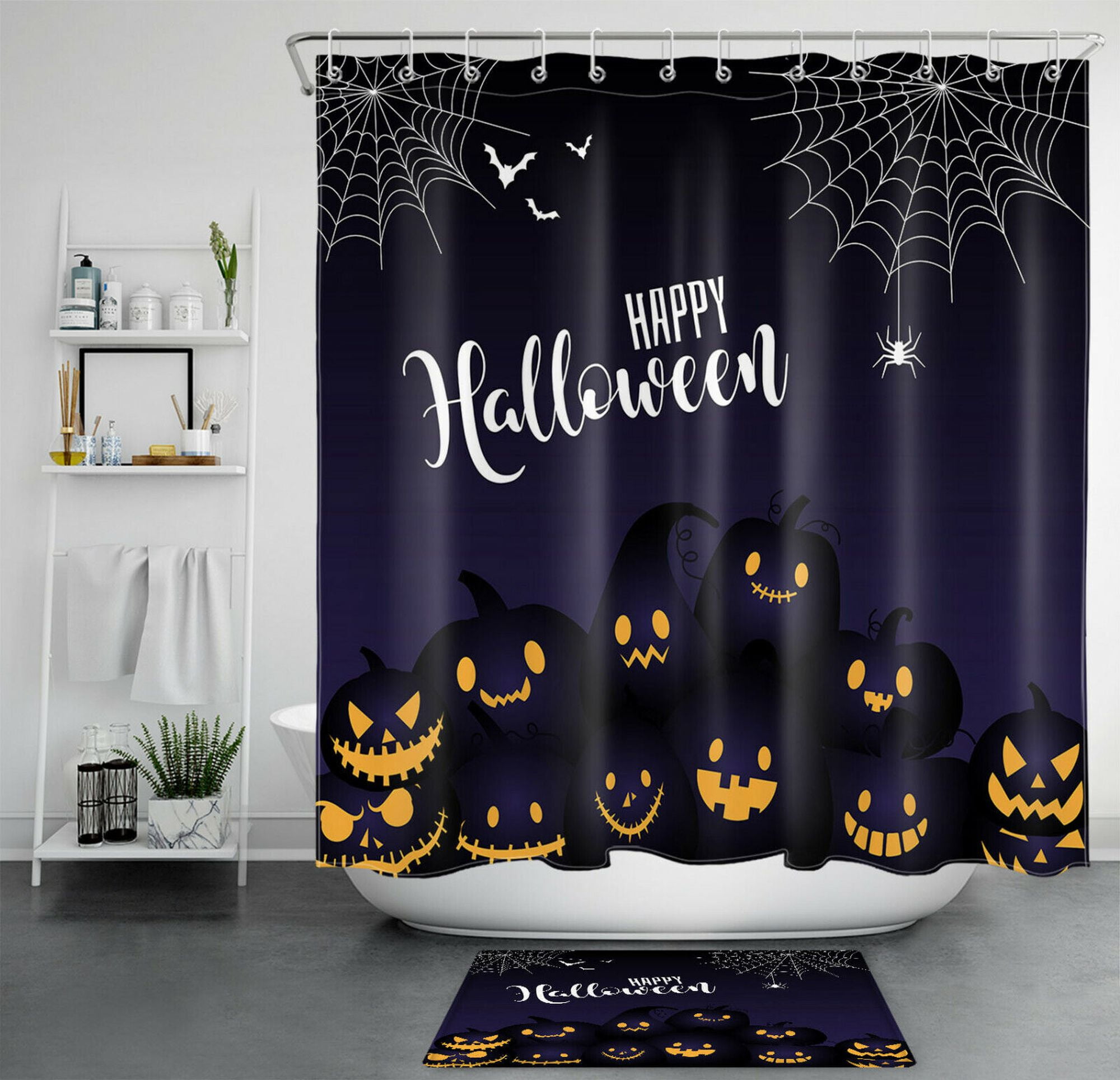 Spooky Shower Scene Jack O Lanterns Spider Webs And Bat Silhouettes