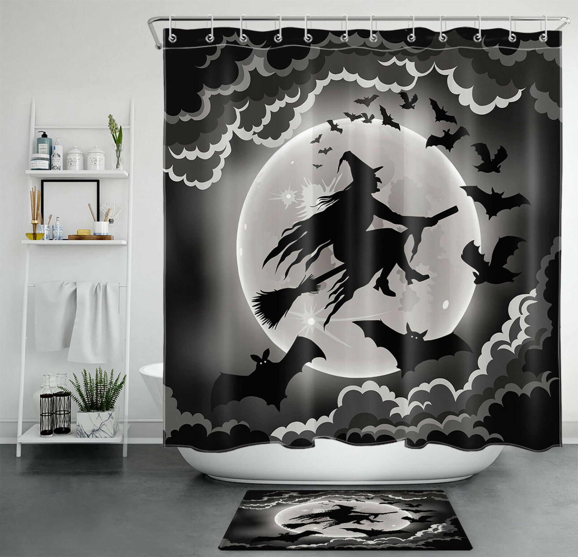 Spooky Shower Witchy Black Bat And Full Moon Curtain Set For Halloween
