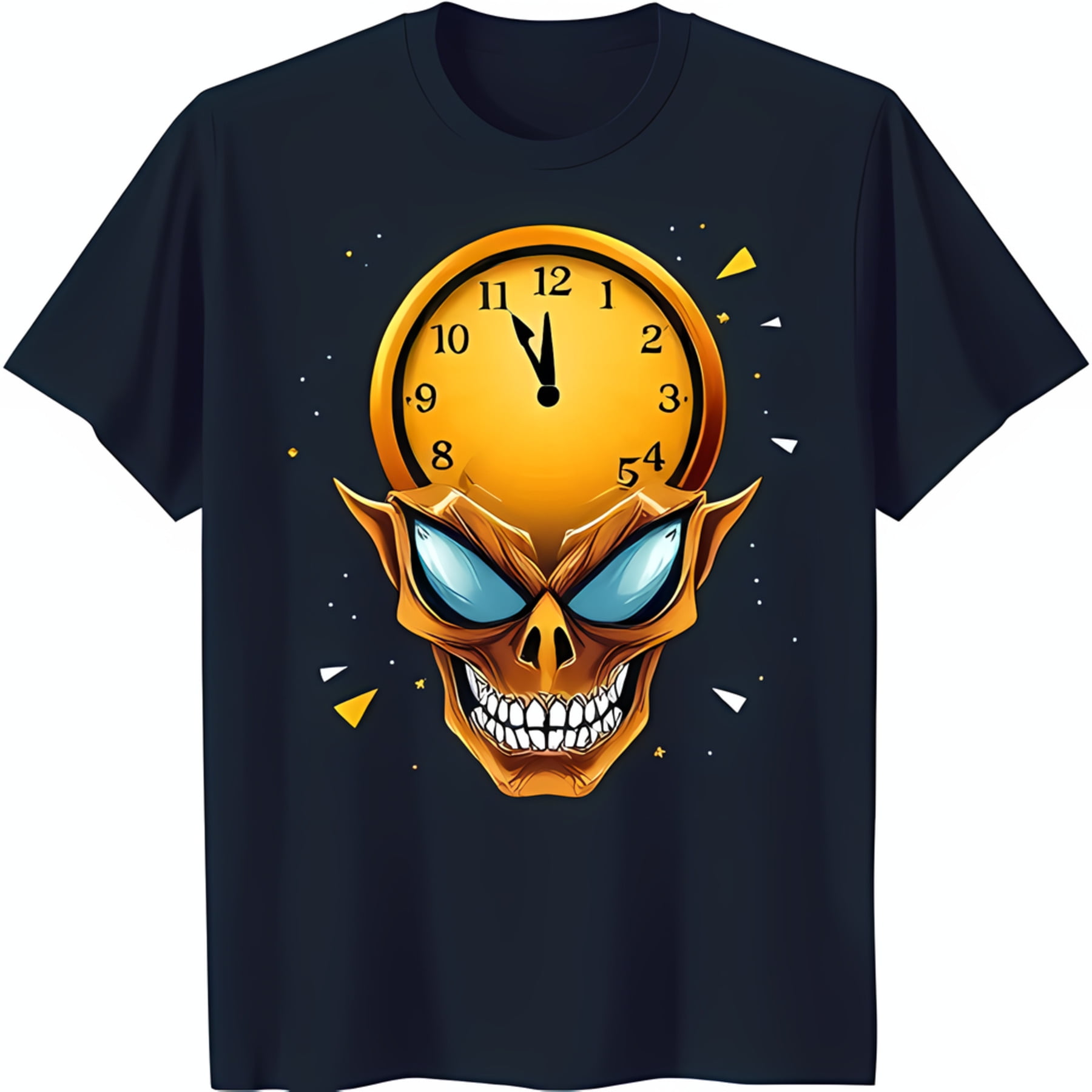 Spooky Skeleton Clock Face T-Shirt Yellow Roman Numerals Blue Eyes ...