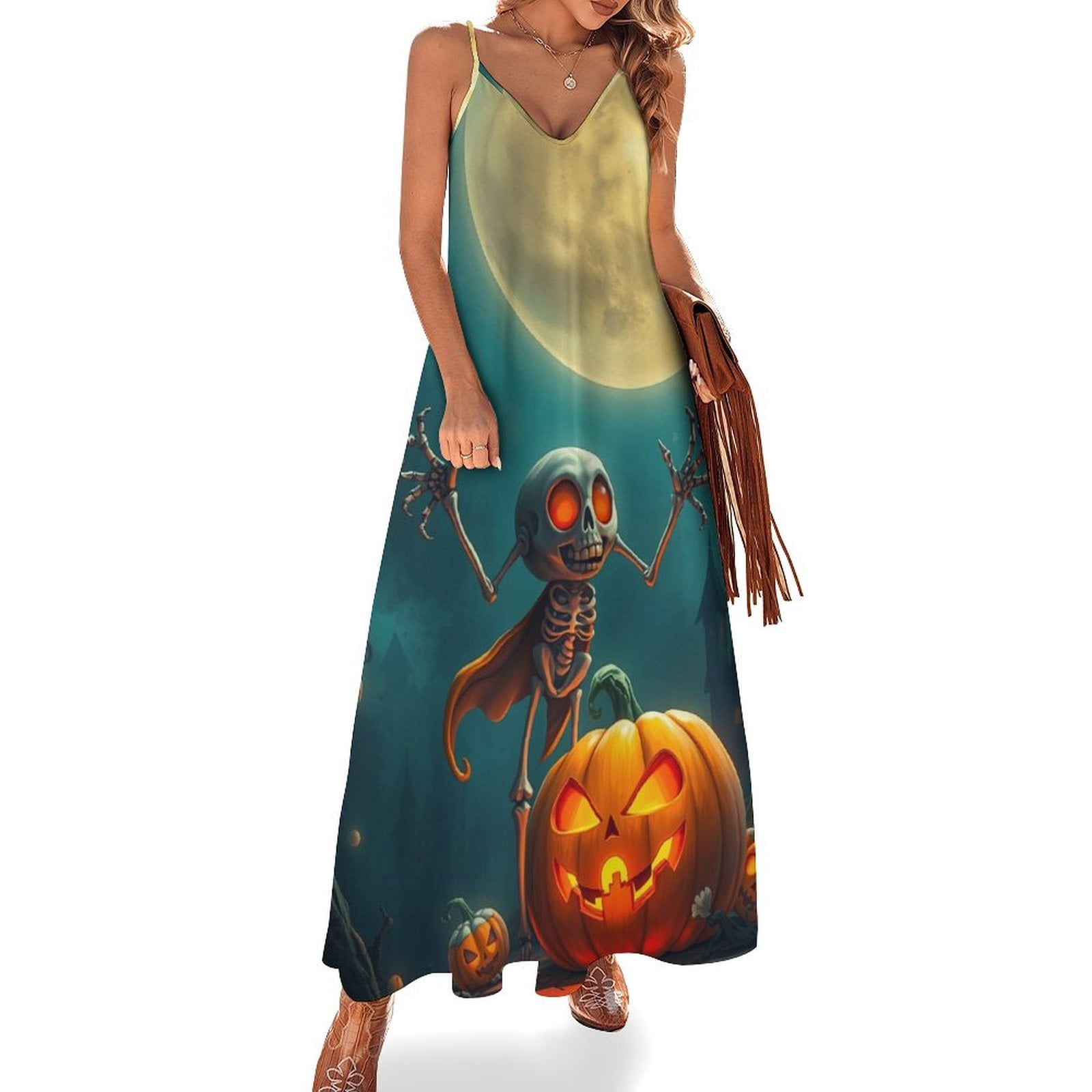Spooky Skeleton Halloween Fun Sleeveless Dress Women's Clothing 2025 ...