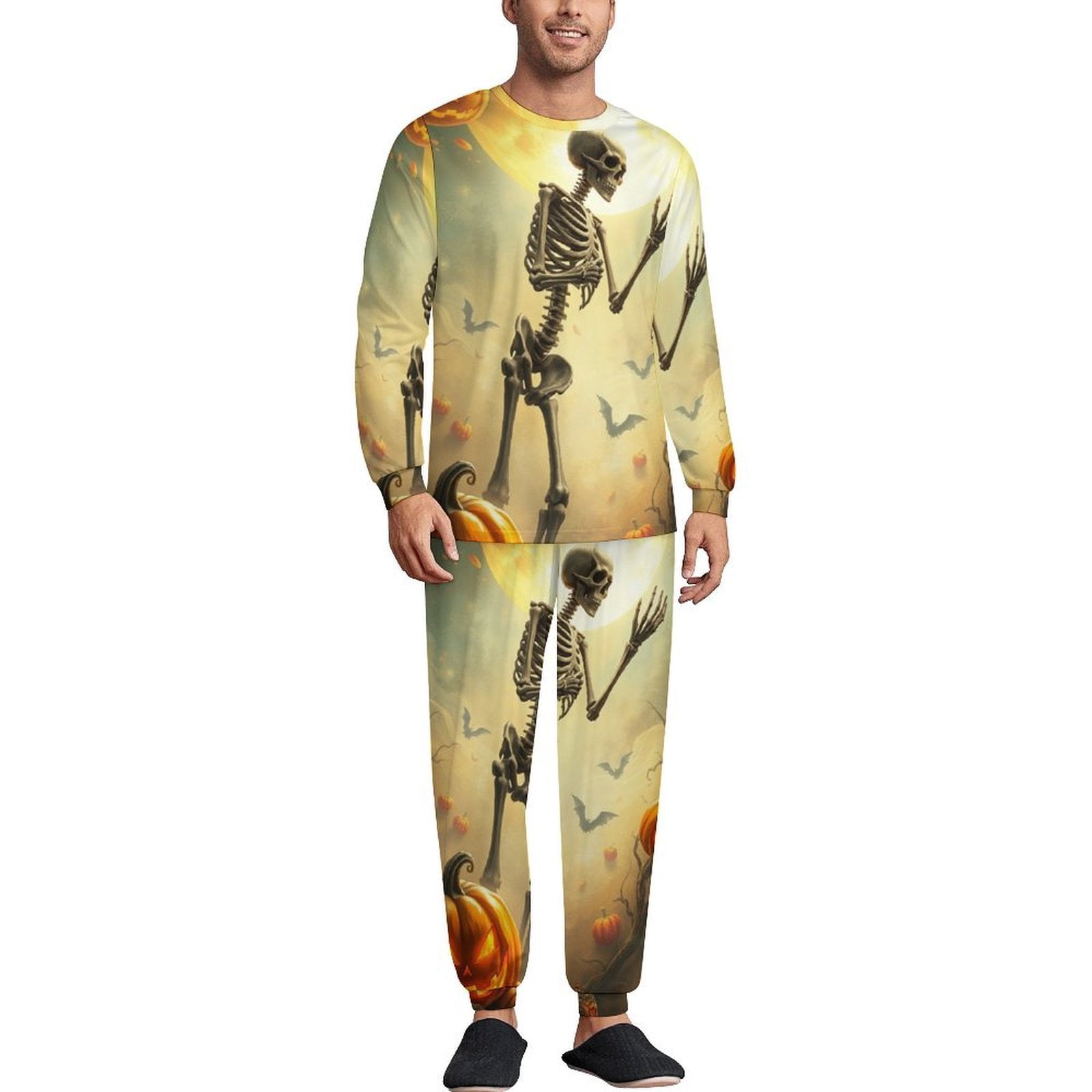 Spooky Skeleton Halloween Pumpkins Pajamas Mens Warm Sleepwear Autumn ...