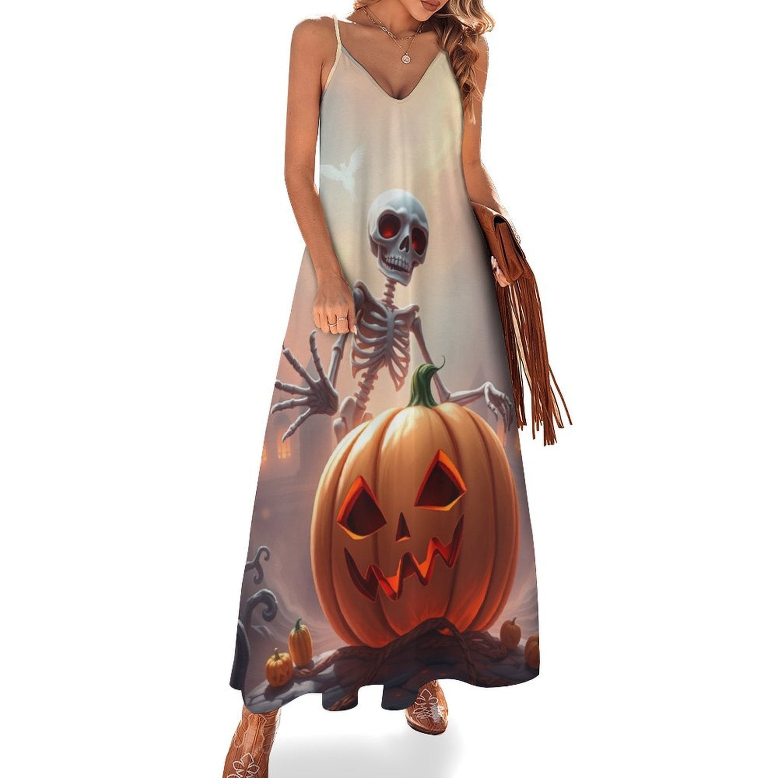 Spooky Skeleton Pumpkin Autumn Sleeveless Dress Women's Clothing 2025 Novelties Long Dresses ...