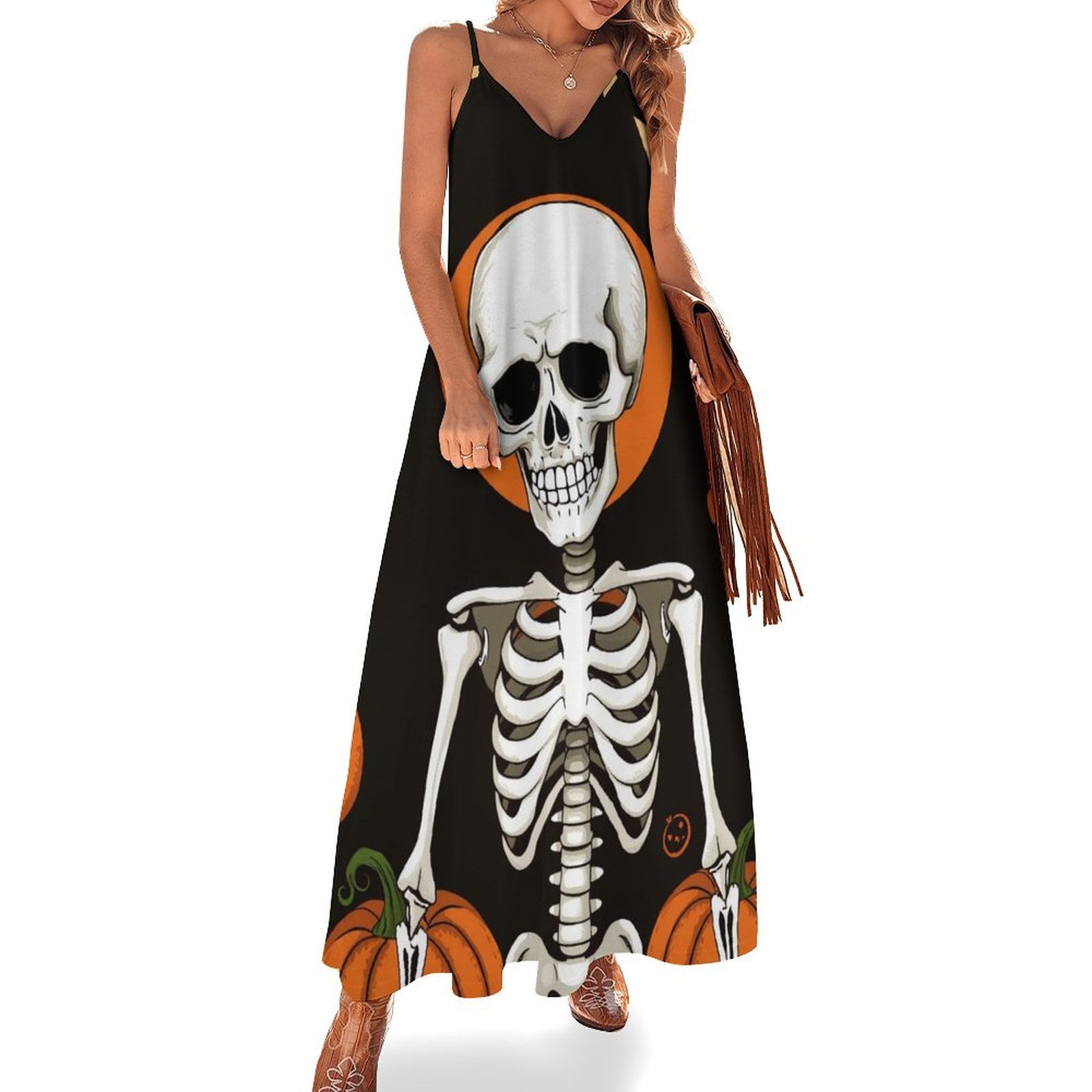 Spooky Skeleton Pumpkins Bats Sleeveless Dress Women's Clothing 2025 Novelties Long Dresses ...
