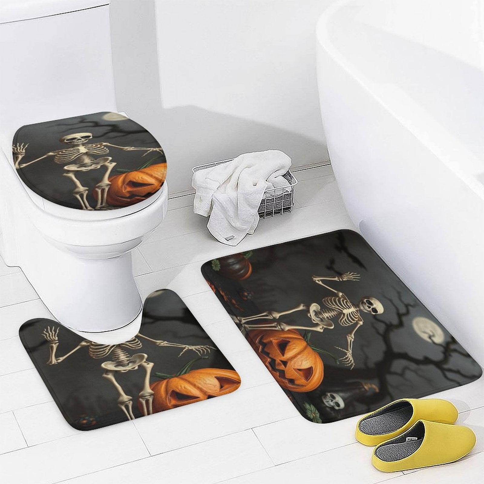 Spooky Skeleton Pumpkins Halloween Bathroom Rugs Set 3 Piece with Non ...