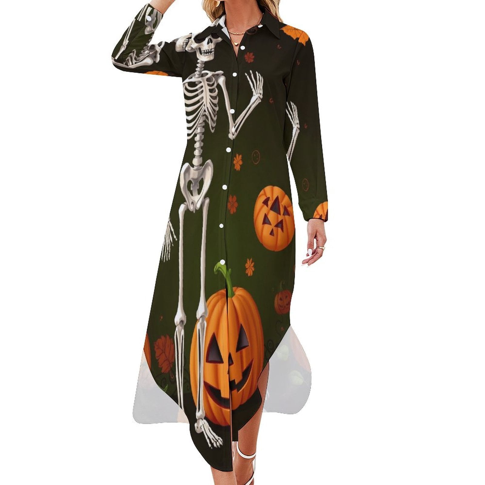 Spooky Skeleton Pumpkins Halloween Casual Dress Dresses V Neck Chiffon ...