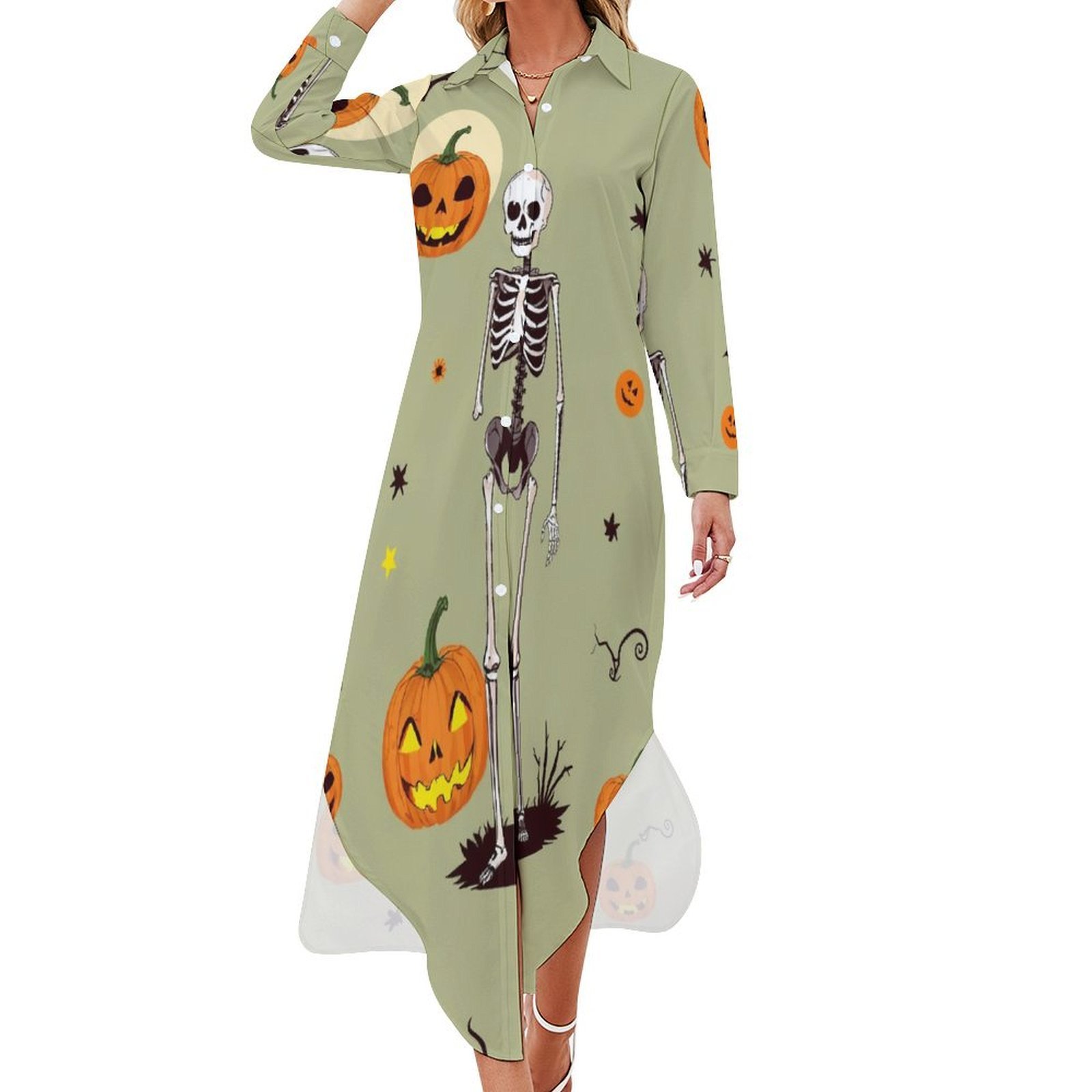 Spooky Skeleton Pumpkins Halloween Casual Dress V Neck Chiffon Dress ...