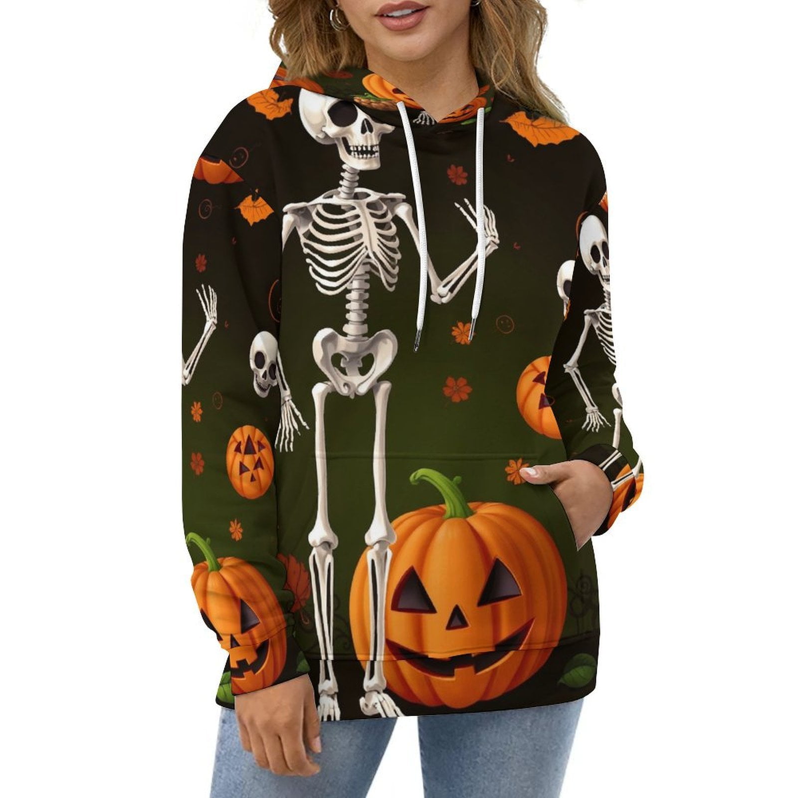 Spooky Skeleton Pumpkins Halloween Hoodies Long Sleeve Casual Hoodie ...