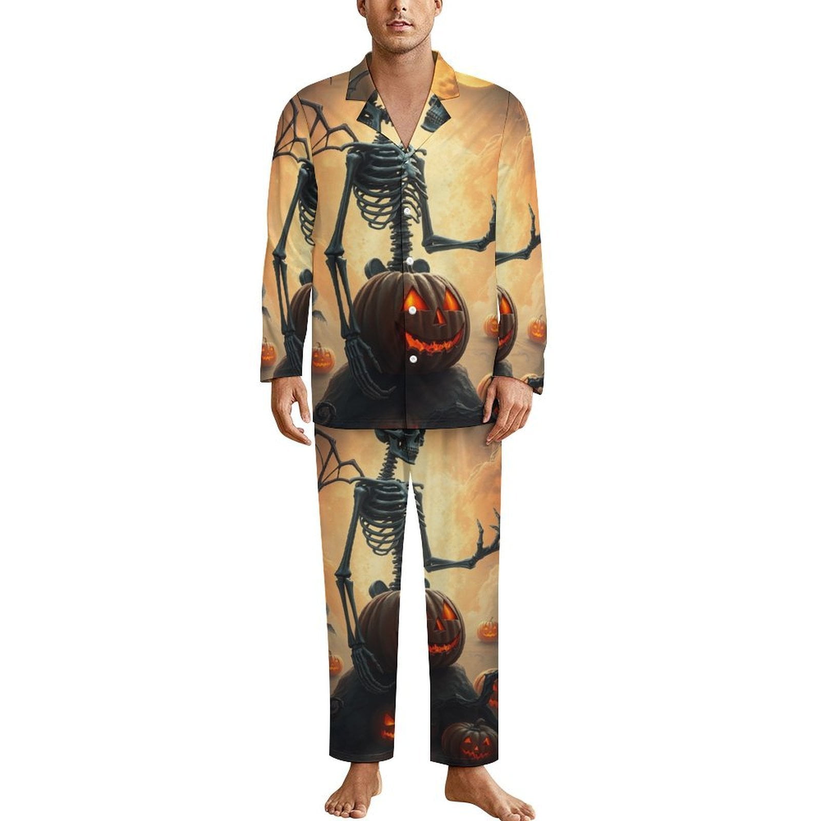 Spooky Skeleton Pumpkins Halloween Pajama Set Autumn Soft Home ...