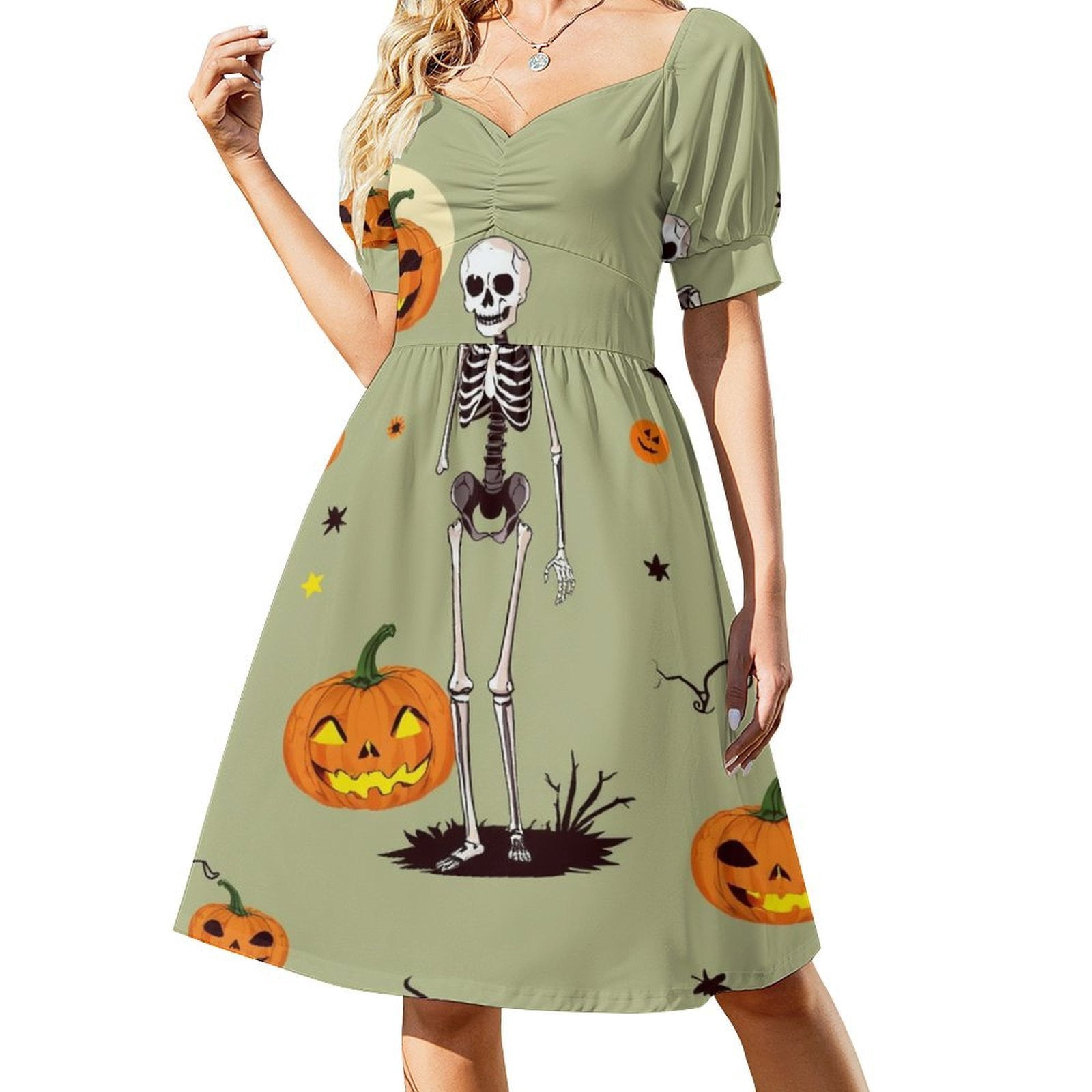 Spooky Skeleton Pumpkins Halloween Short Sleeved Dress Bridesmaid Dress ...