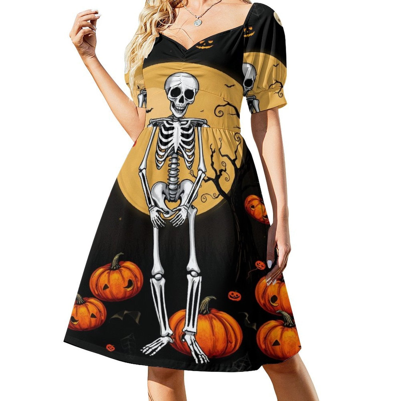 Spooky Skeleton Pumpkins Halloween Short Sleeved Dress Fairy Dress ...