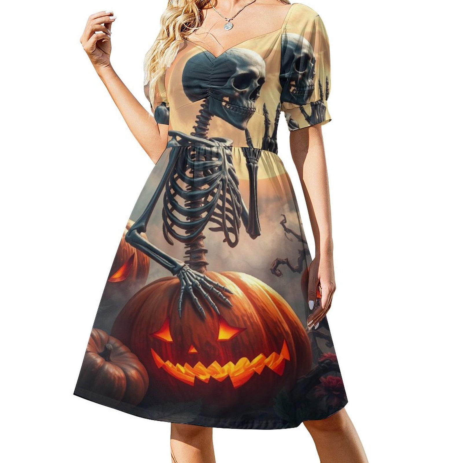 Spooky Skeleton Pumpkins Halloween Short Sleeved Dress Fairy Dress ...