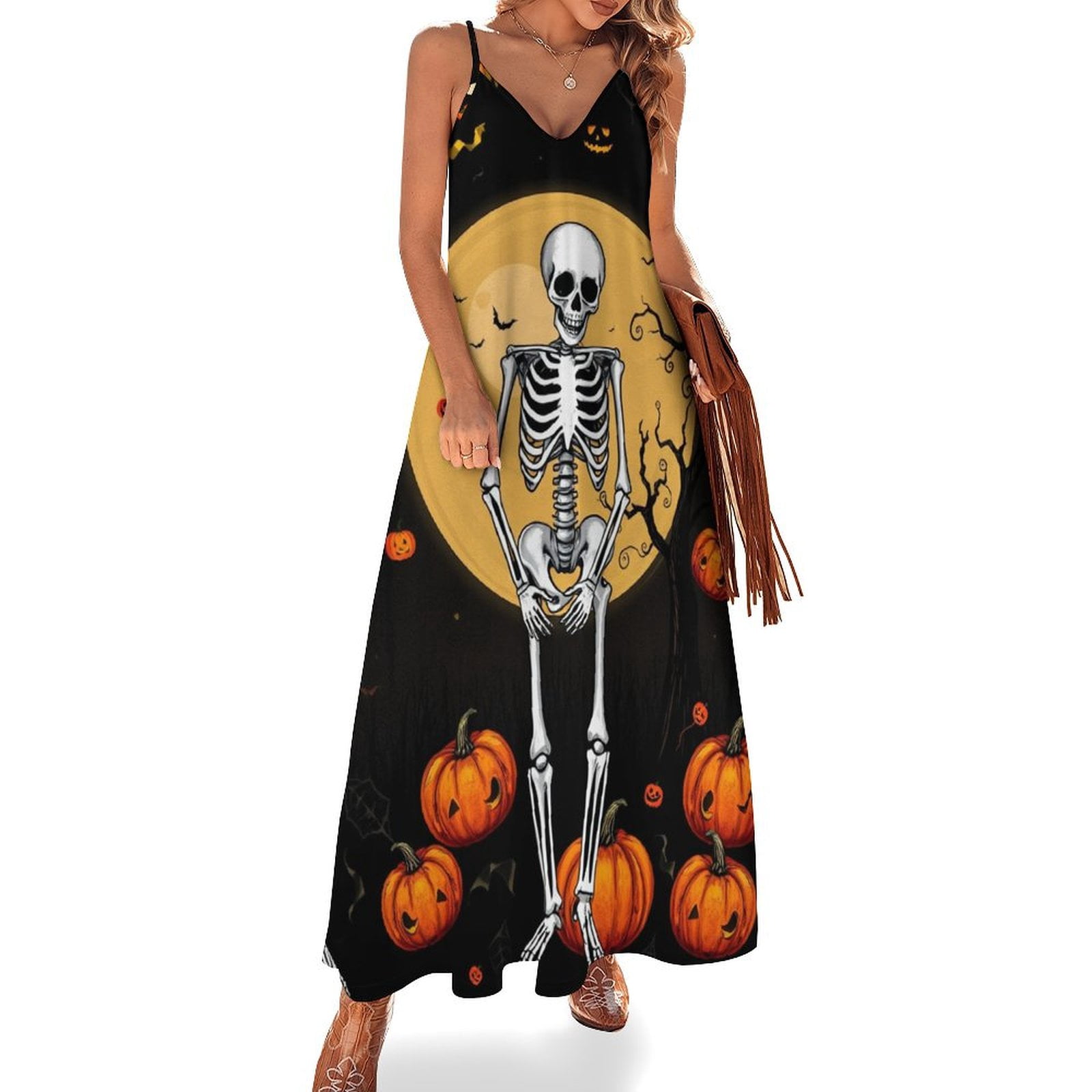 Spooky Skeleton Pumpkins Halloween Sleeveless Dress Luxury Evening ...