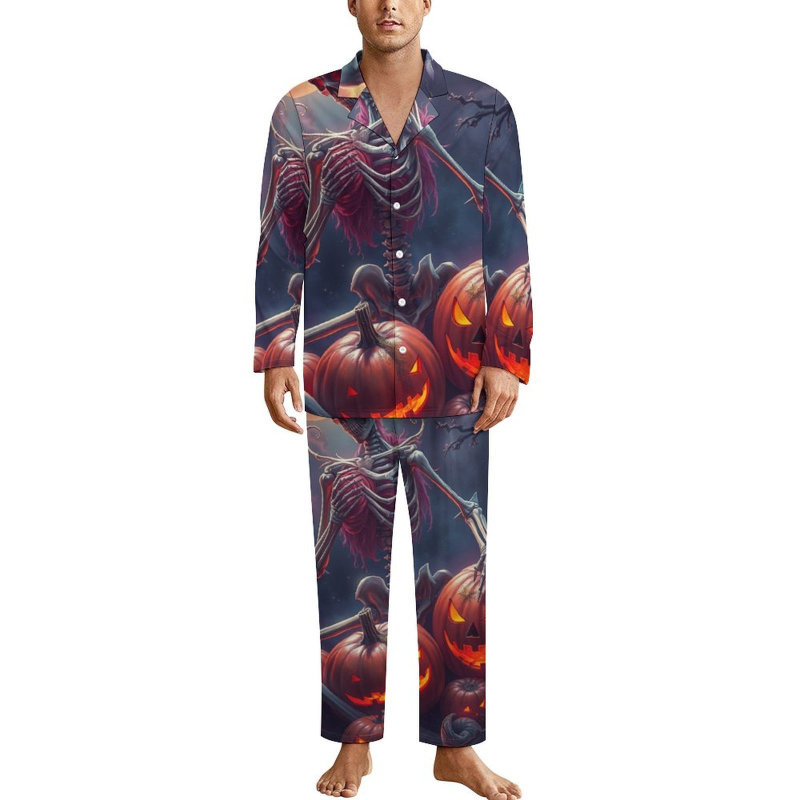 Spooky Skeleton Pumpkins Moon Pajama Set Soft Sleepwear Man Long ...
