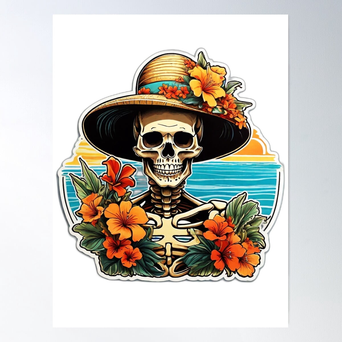 Spooky Skeleton With Beach Hat And Hawaiian Orchids Poster Wall Art ...
