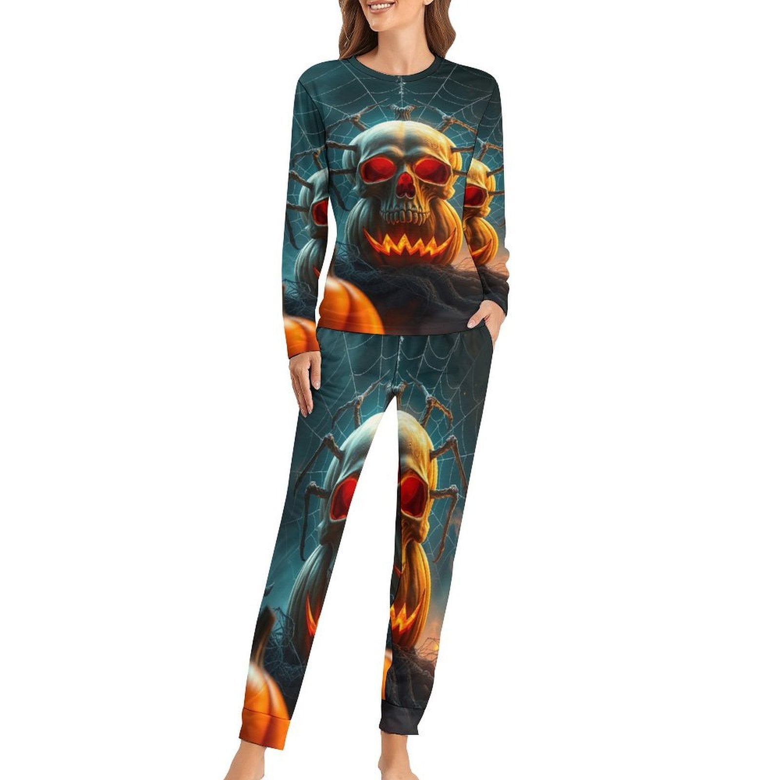 Spooky Skull Pumpkin Spider Web Pajamas 2 Pieces Pajama Sets Woman Long ...