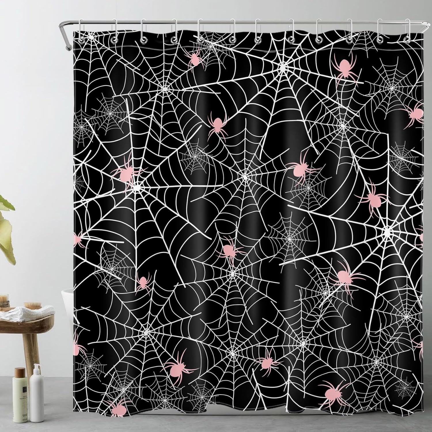 Spooky Spider Web Shower Curtain Pink Spider on Black and White Spider ...