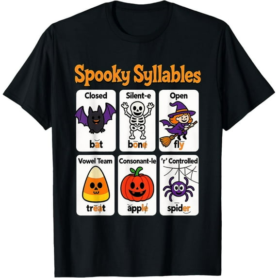 Spooky Syllables Teacher Outfit Halloween Classroom Learning T-Shirt ...