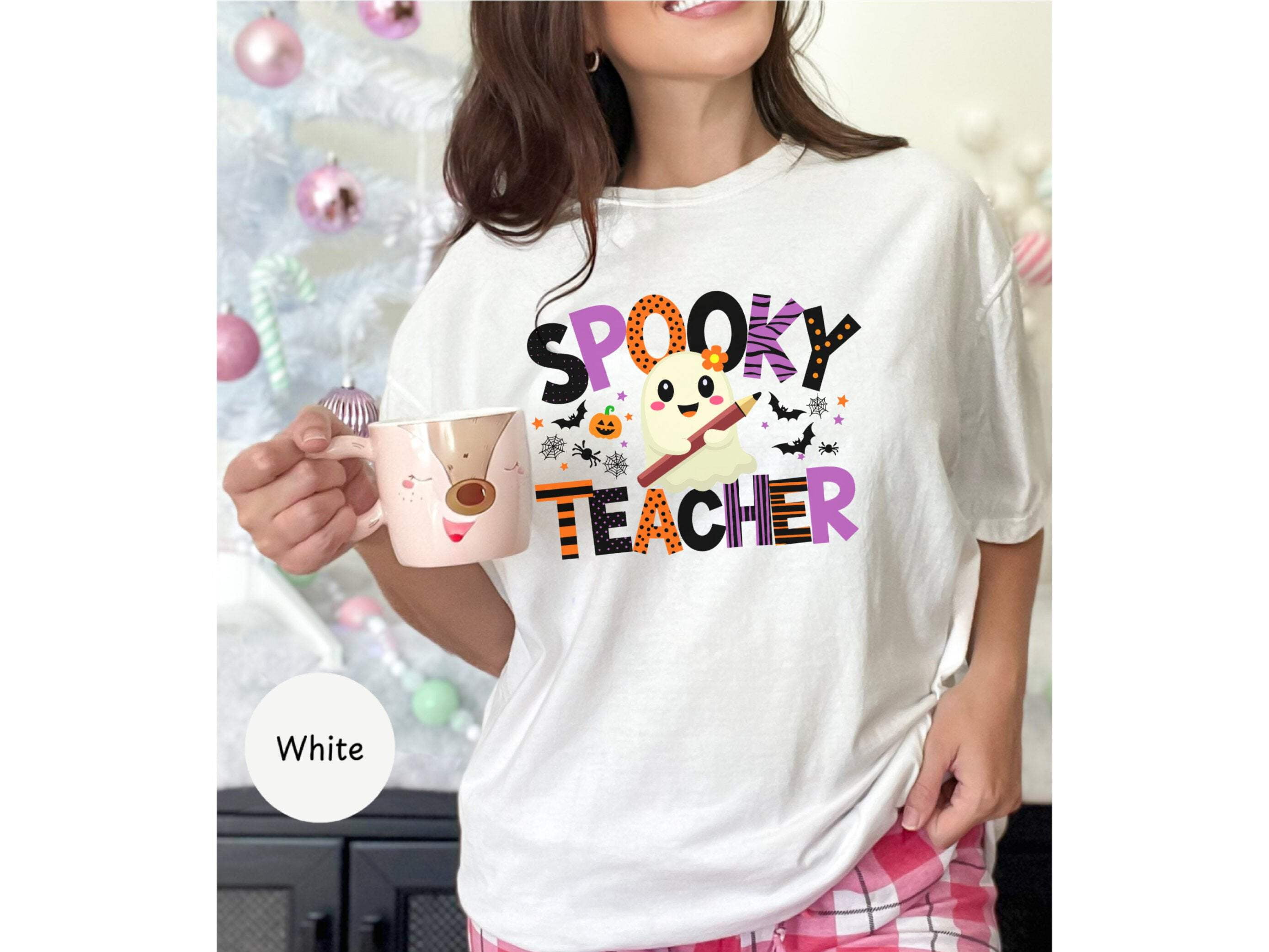 Spooky Teacher T-Shirt, Halloween Ghost Holding Pencil, Cute Fun Ghost ...