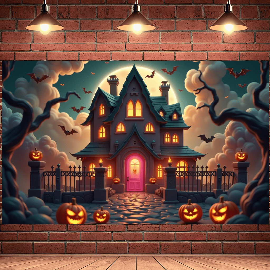 Spooky Theme Halloween Banner Haunted House Design Pumpkin Decoration Ghostly Full Moon Effect ...