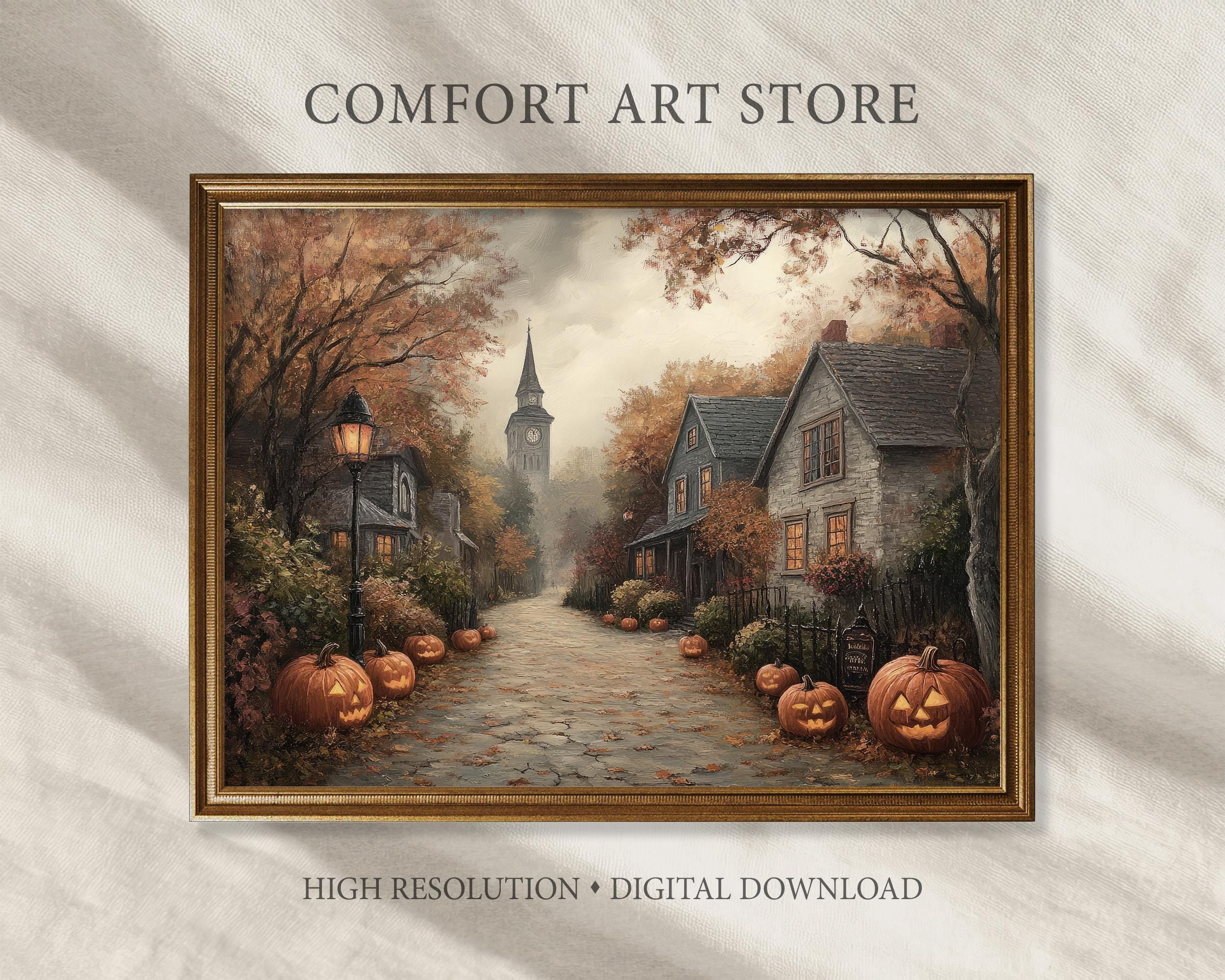 Spooky Town Print Pumpkin Vintage Haunted Town Street Wall Art Fall ...