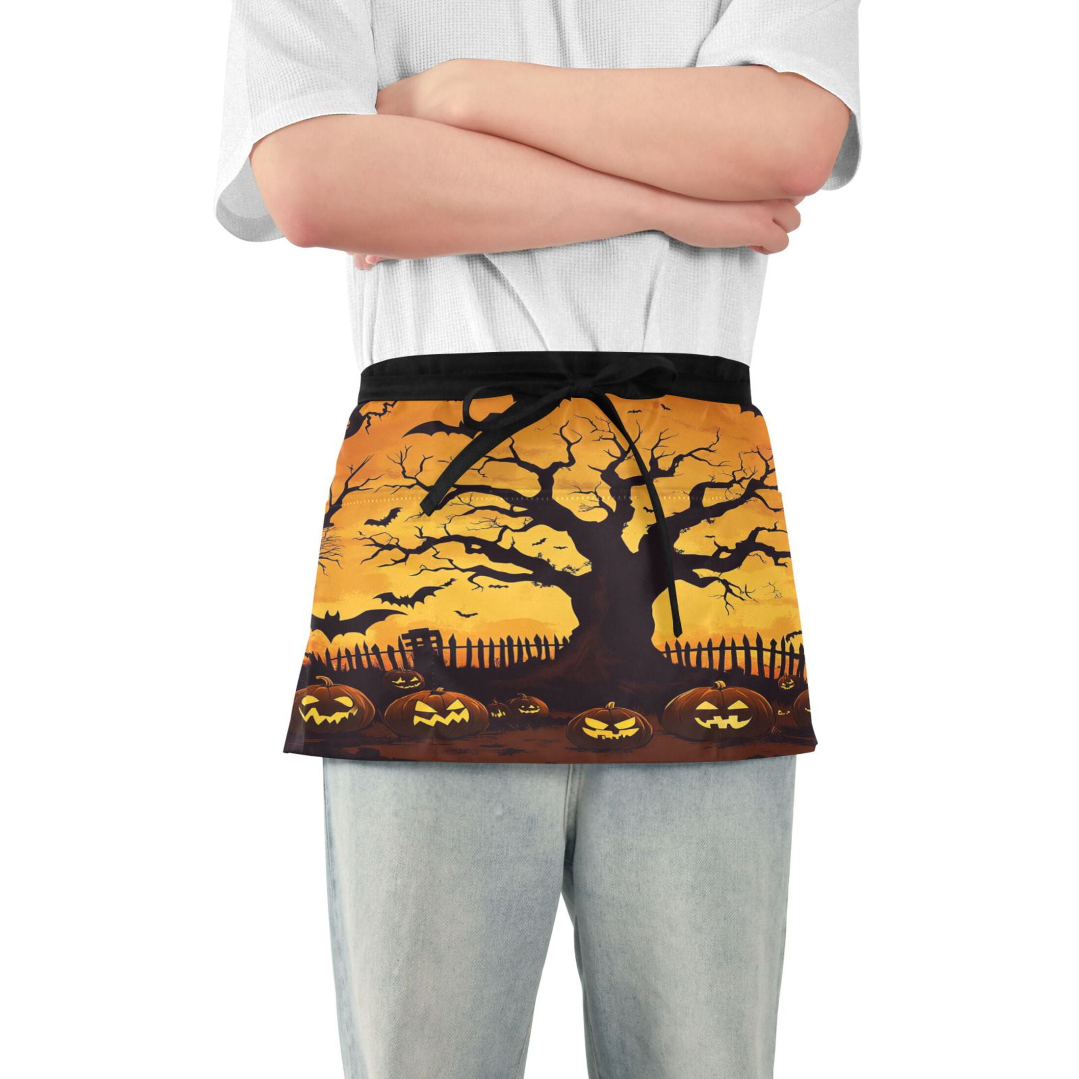 Spooky Tree Pumpkins Bats Server Apron with 3 Pockets Waterproof ...