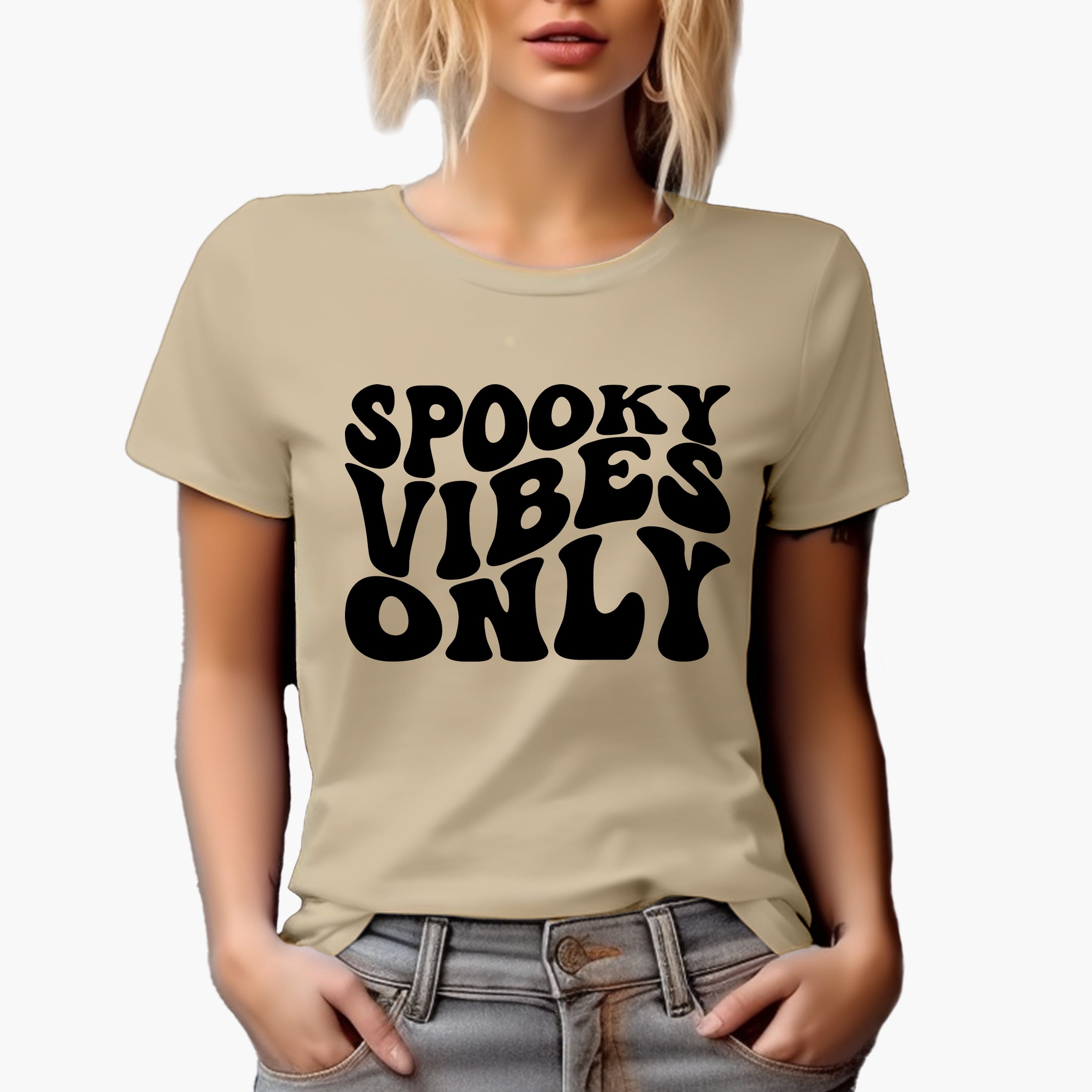 Spooky Vibes Only, Groovy Retro Wavy Text Merch Gift, Tan T-Shirt, XL ...