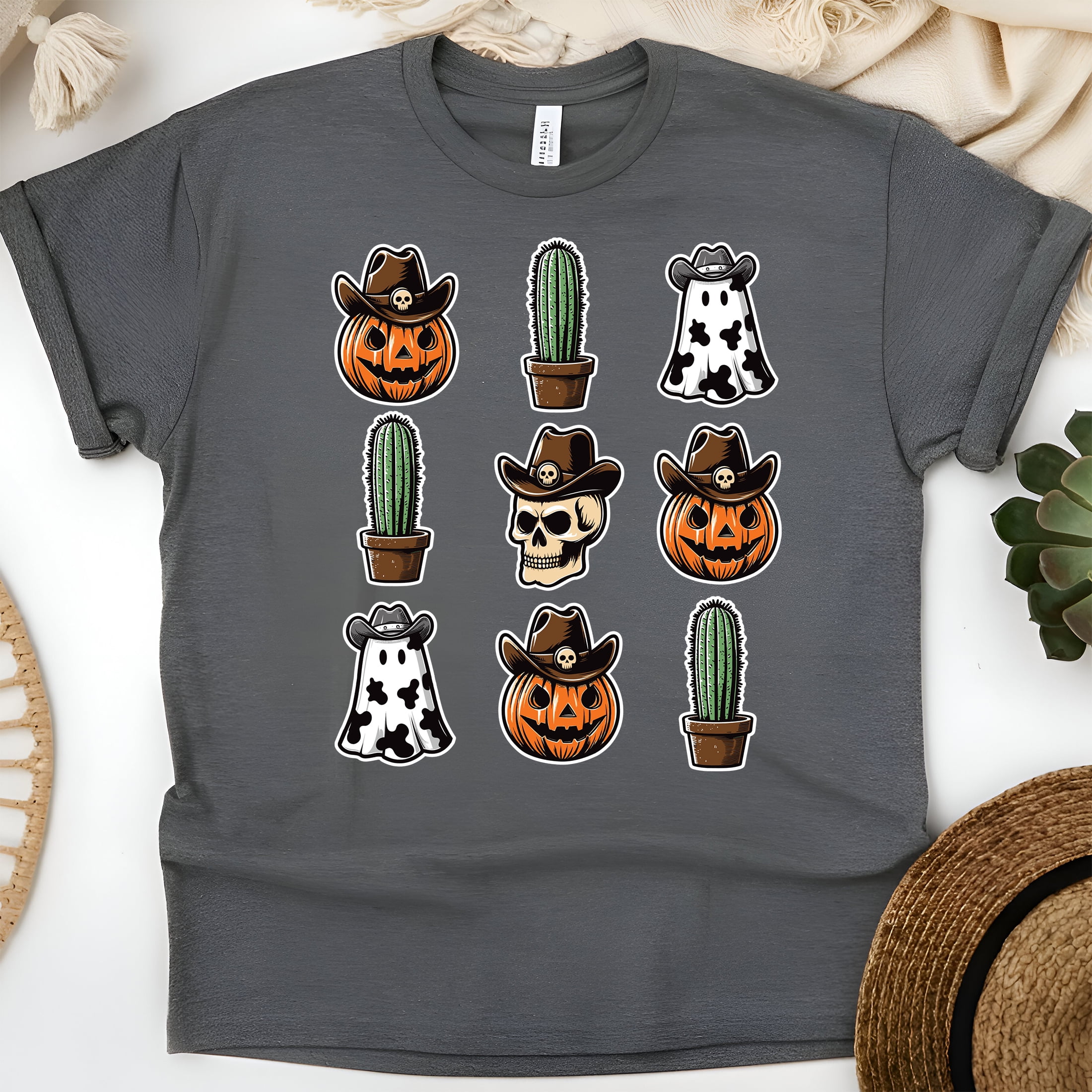 Spooky Western Icons T-Shirt, Cowboy Pumpkin Skull Ghost and Cactus ...