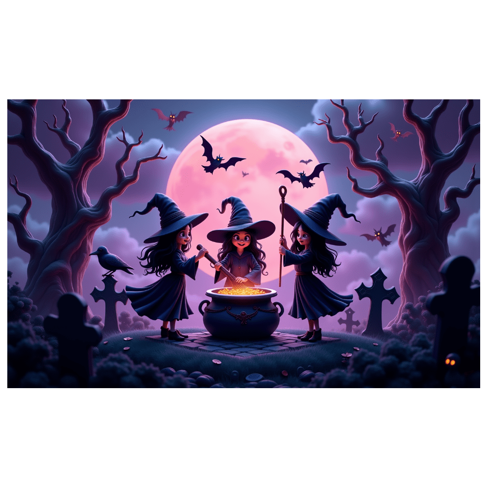 Spooky Witch Theme Halloween Banner Cauldron Scene Night Sky Bats Moon ...