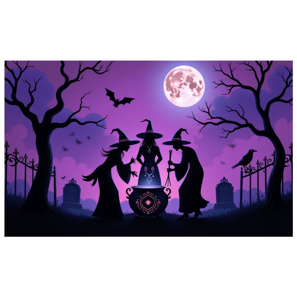 Spooky Witch Theme Halloween Banner Cauldron Scene Night Sky Bats Moon ...