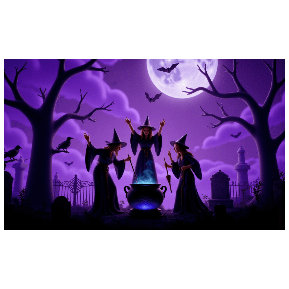 Spooky Witch Theme Halloween Banner Cauldron Scene Night Sky Bats Moon ...