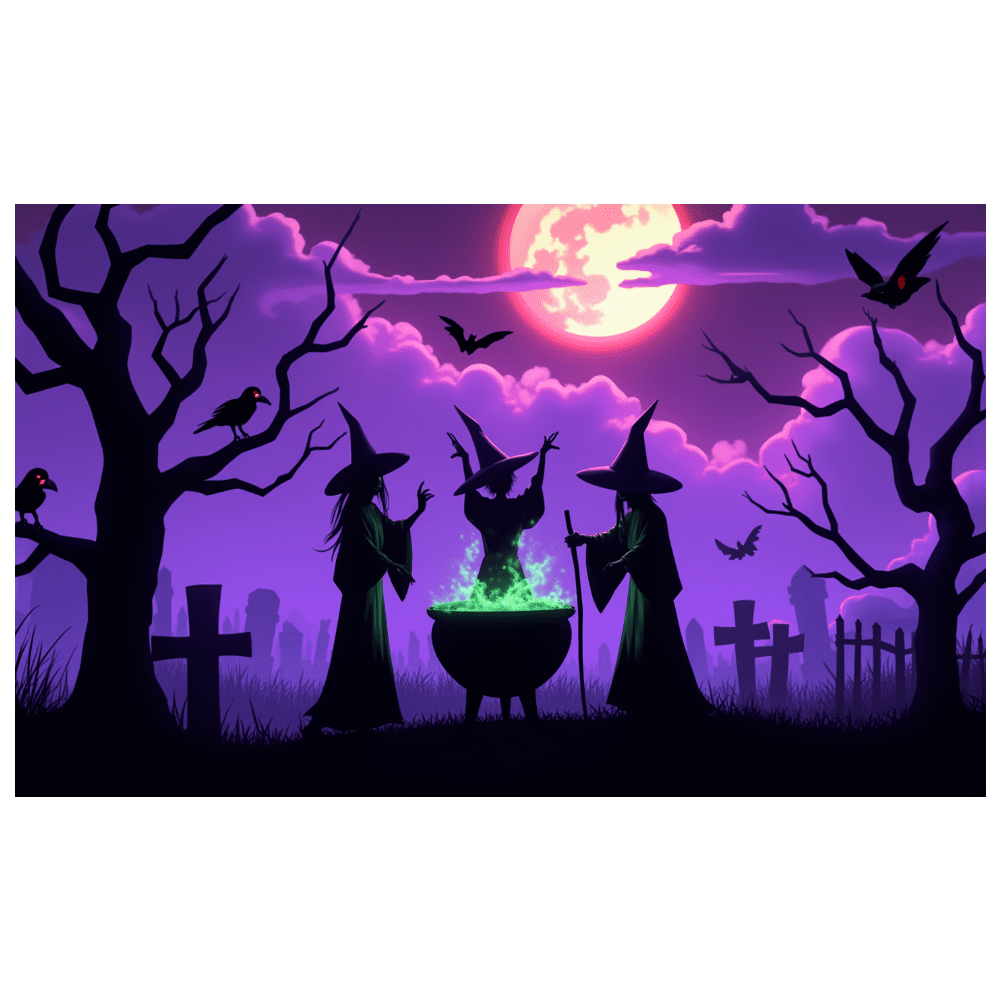Spooky Witch Theme Halloween Banner Cauldron Scene Night Sky Bats Moon ...