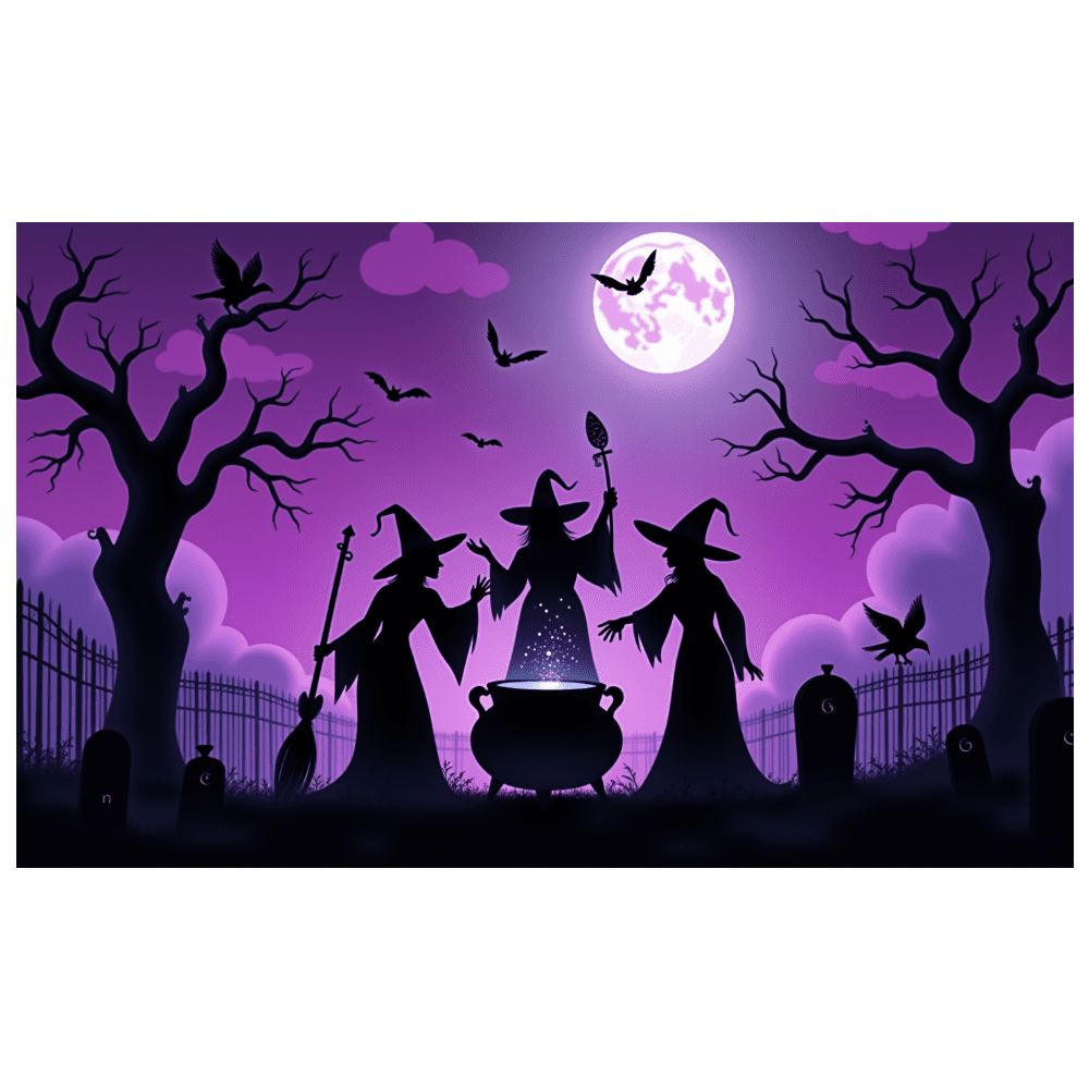 Spooky Witch Theme Halloween Banner Cauldron Scene Night Sky Bats Moon ...