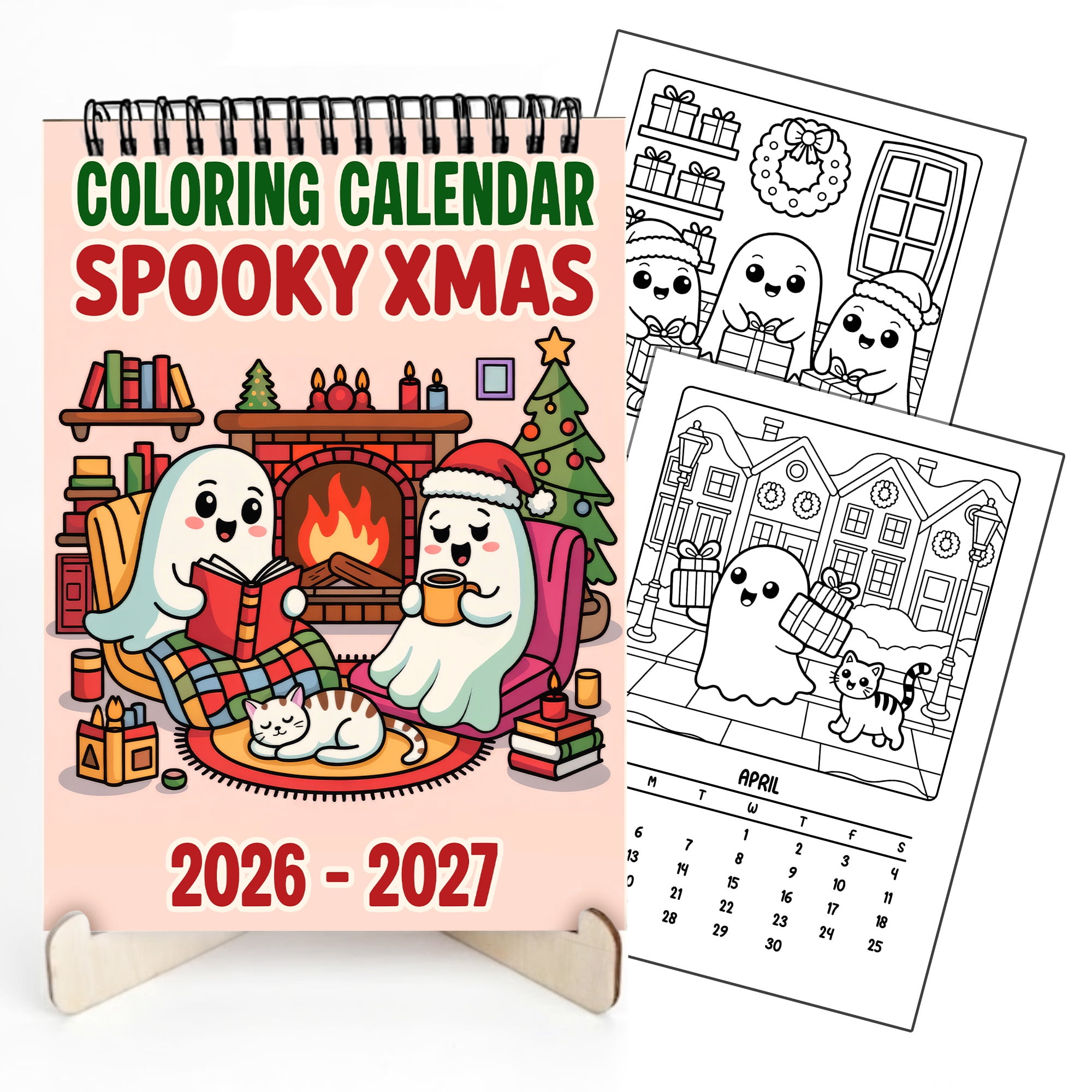 Spooky Xmas Coloring Desk Calendar 2026–2027, A5 Wooden Cover Planner ...