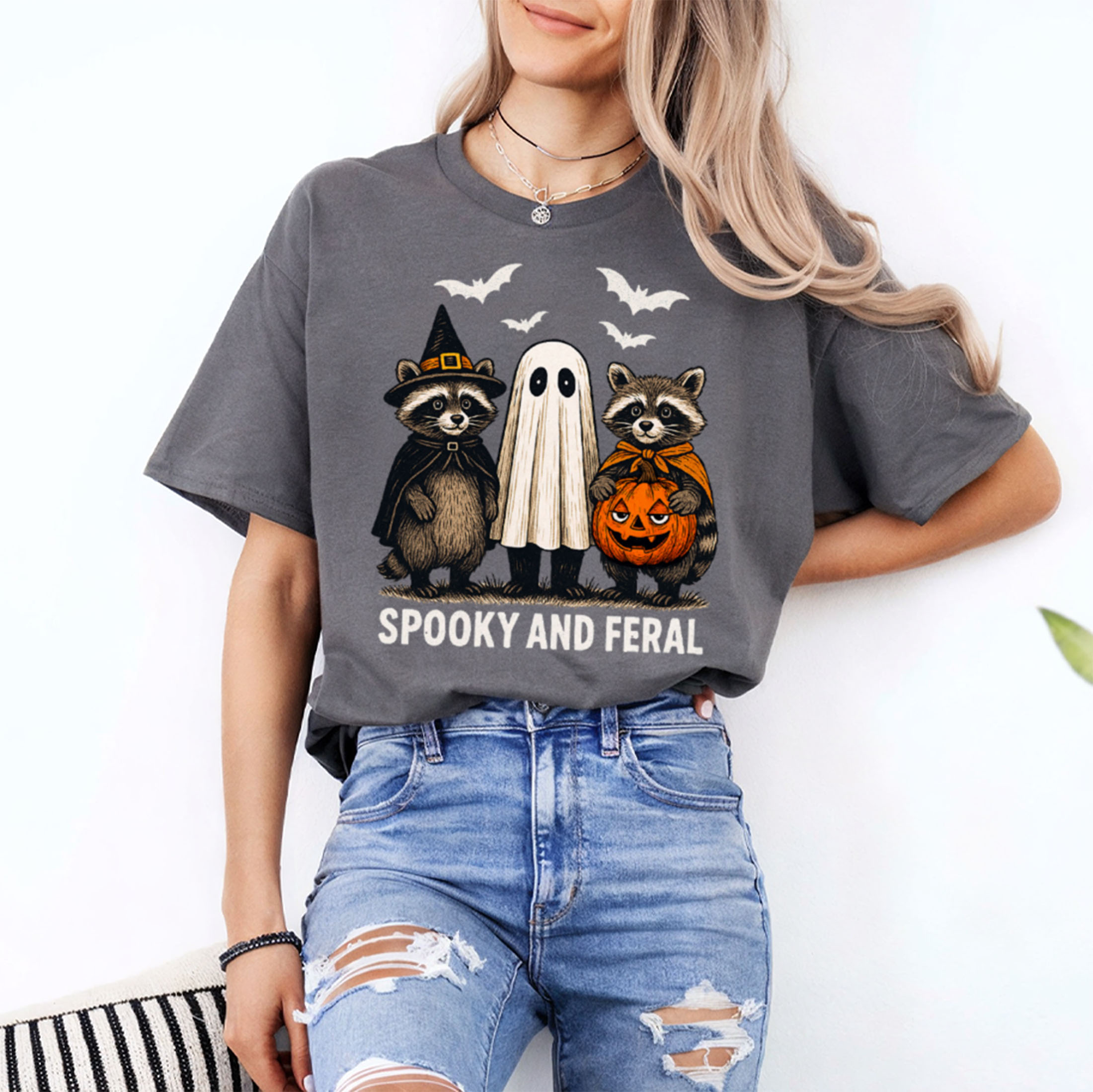 Spooky and Feral Halloween Cute Ghost Raccoon Trick Or Treat T-Shirt ...