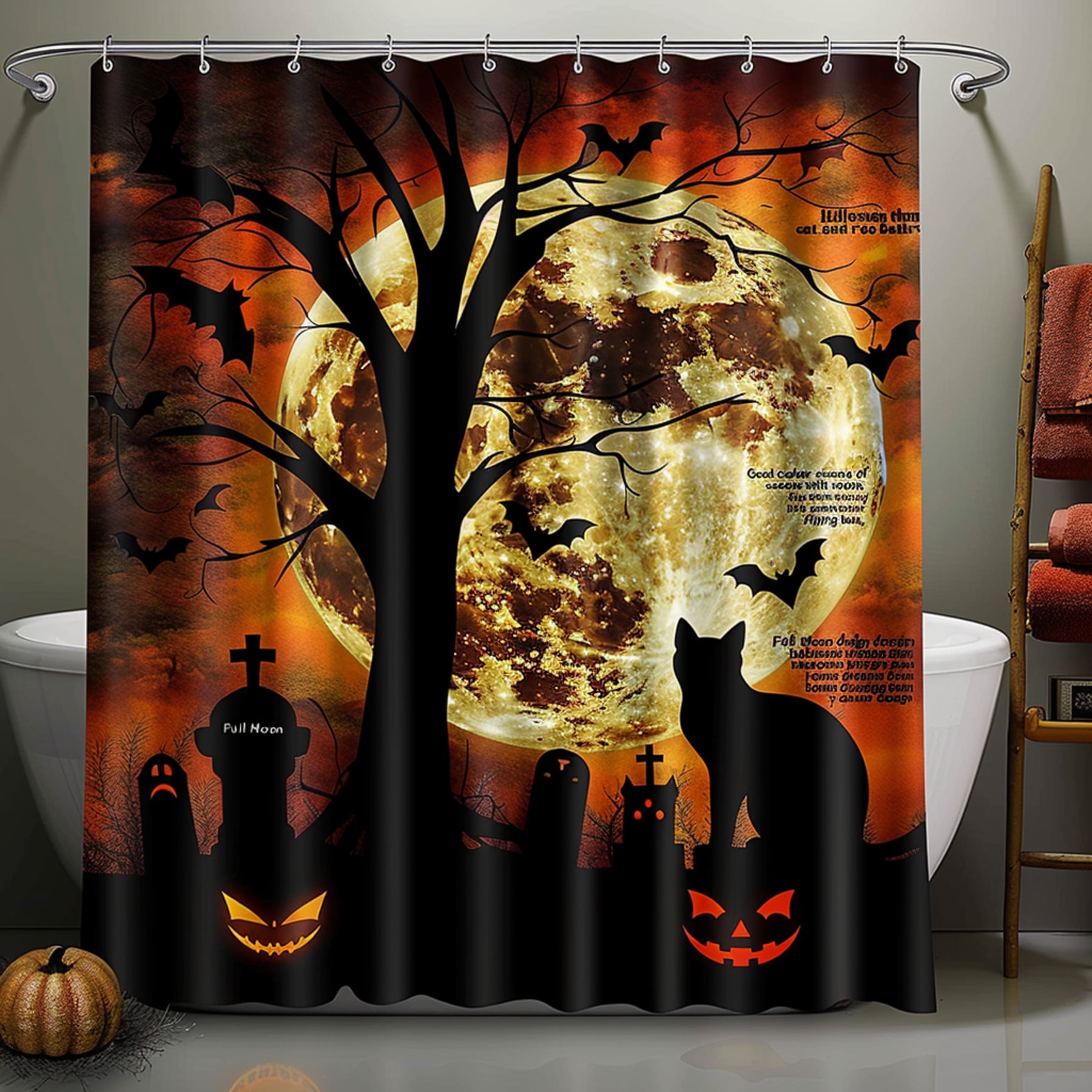 Spooky And Tree Shower Curtain Orange Bathroom Decor With Full Moon