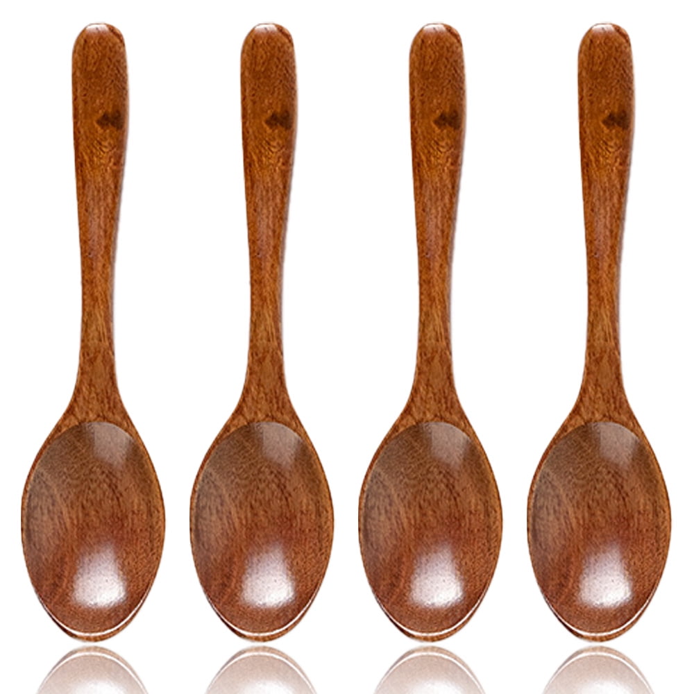 Spoons, Wooden Spoons for Eating, 4 Pieces Natural Plant Ellipse Wooden ...