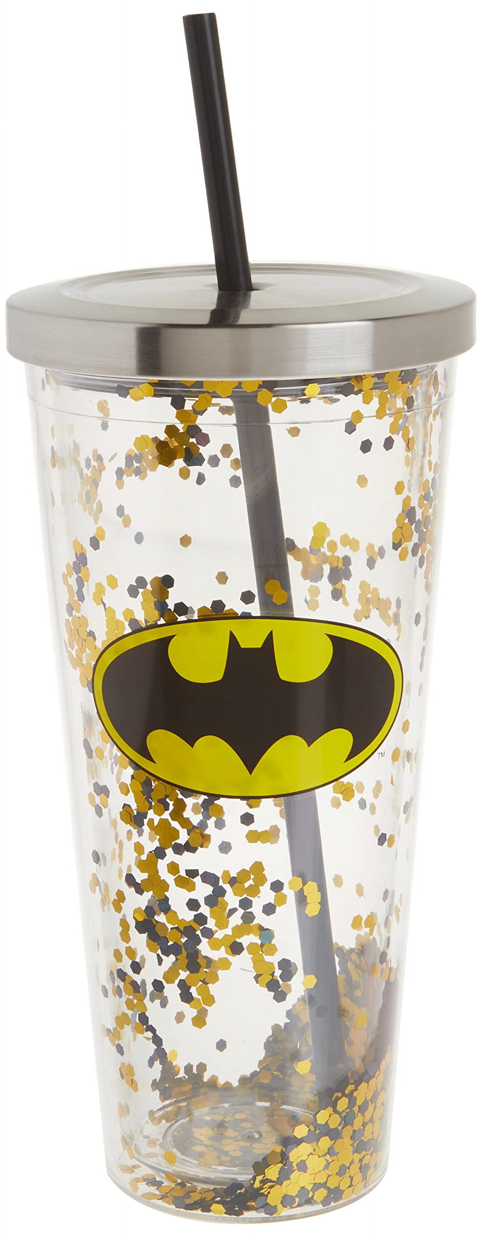 Spoontiques Batman Logo Glitter Straw Tumbler, 20 Ounce, Black & Gold ...