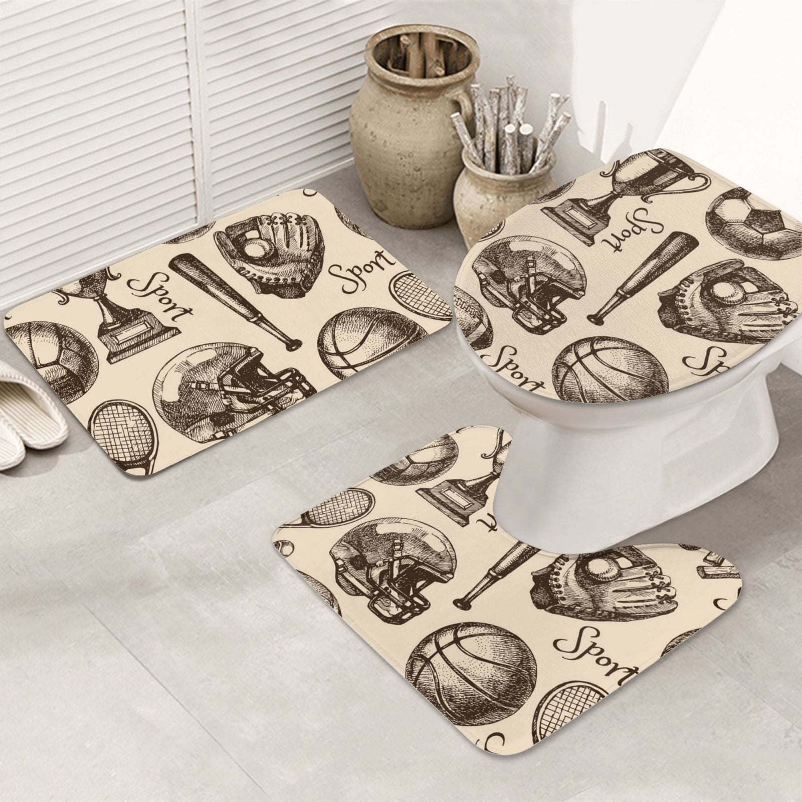 Sport Baseball Football Basketball 3-Piece Bathroom Rug Sets - Non-Slip ...