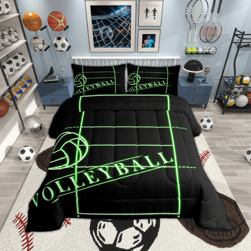 Sport Bedding Queen Volleyball Comforter , Black Green Duvet Insert ...