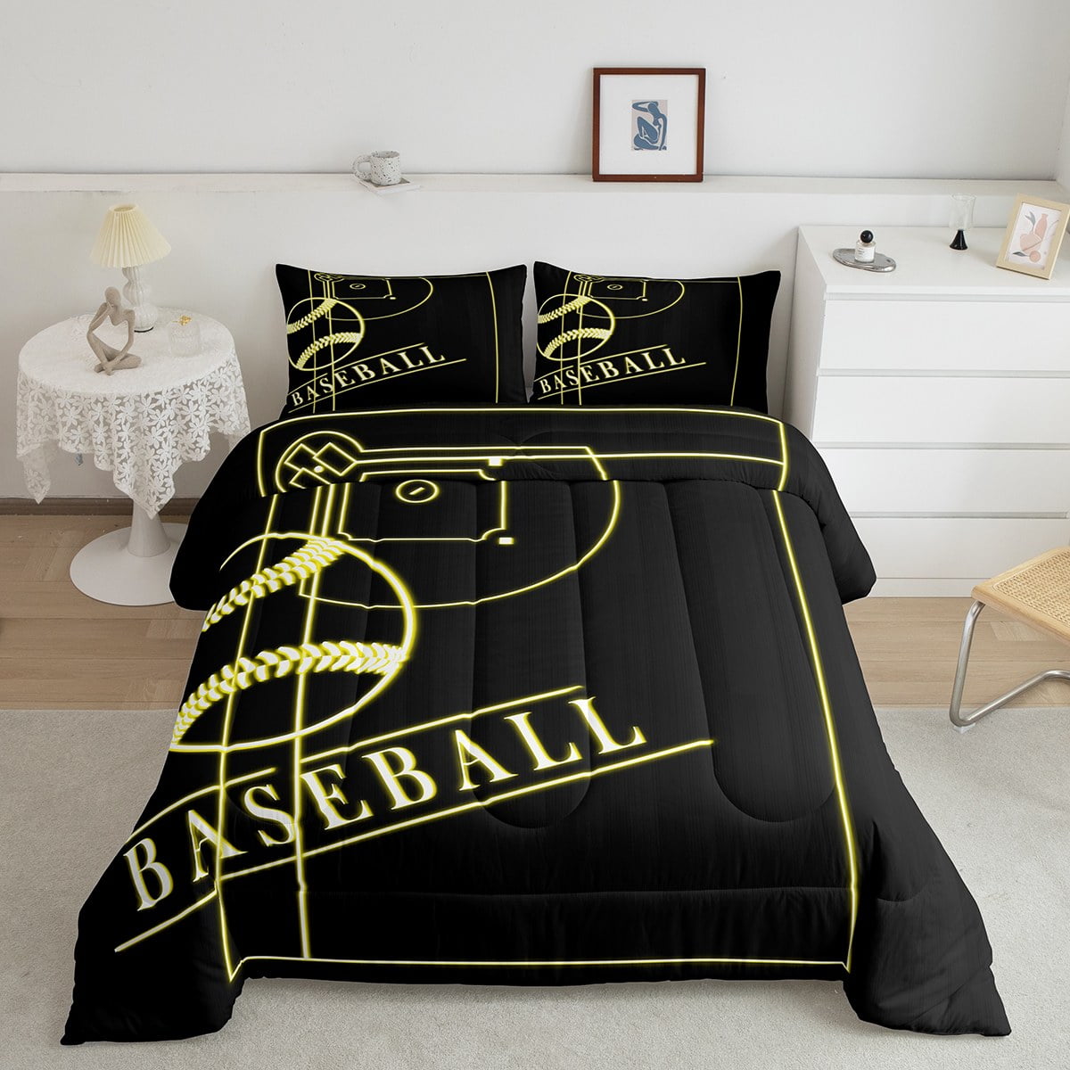 Sport Comforter Set Full Baseball Bedding Set for Boys, Black Yellow ...