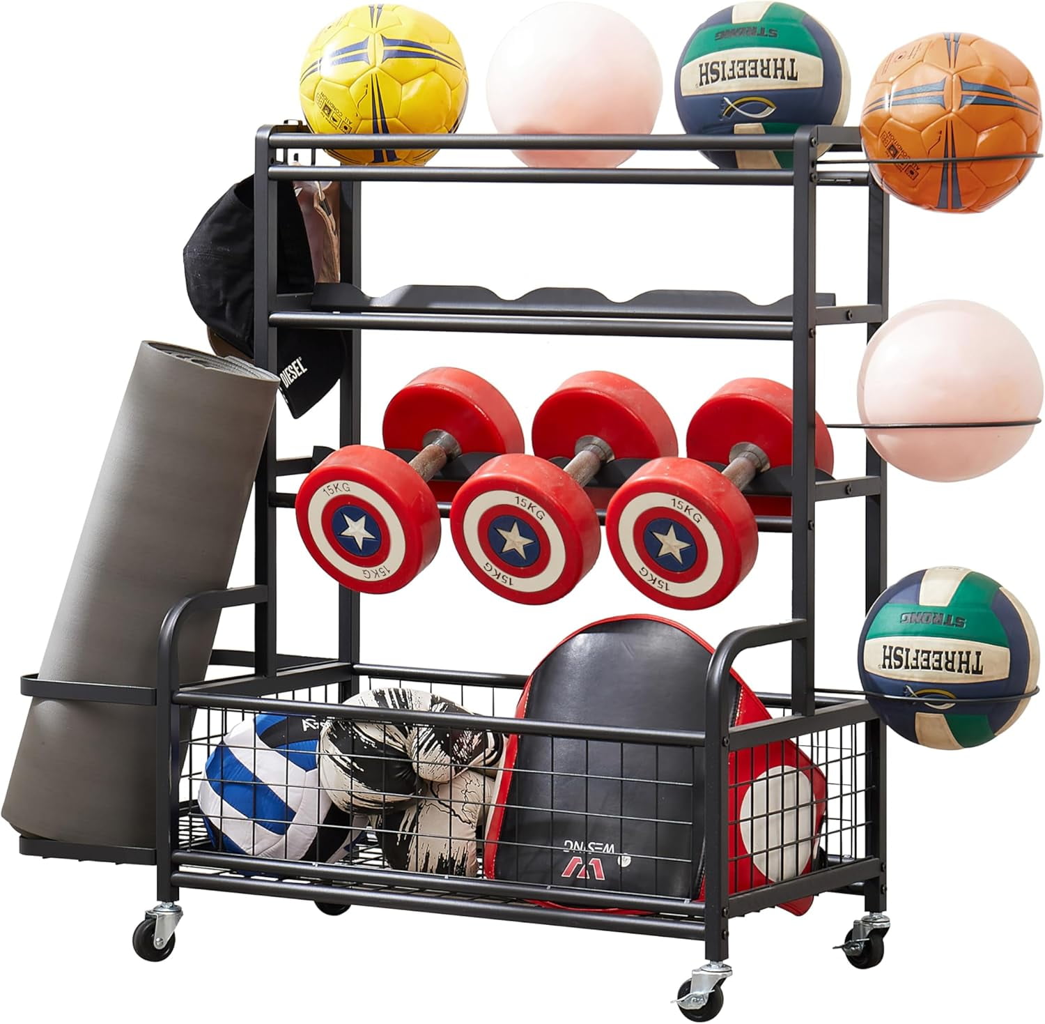 Sport Organizer, Rolling Wheels for Basketball Dumbbell Rack Organizer ...