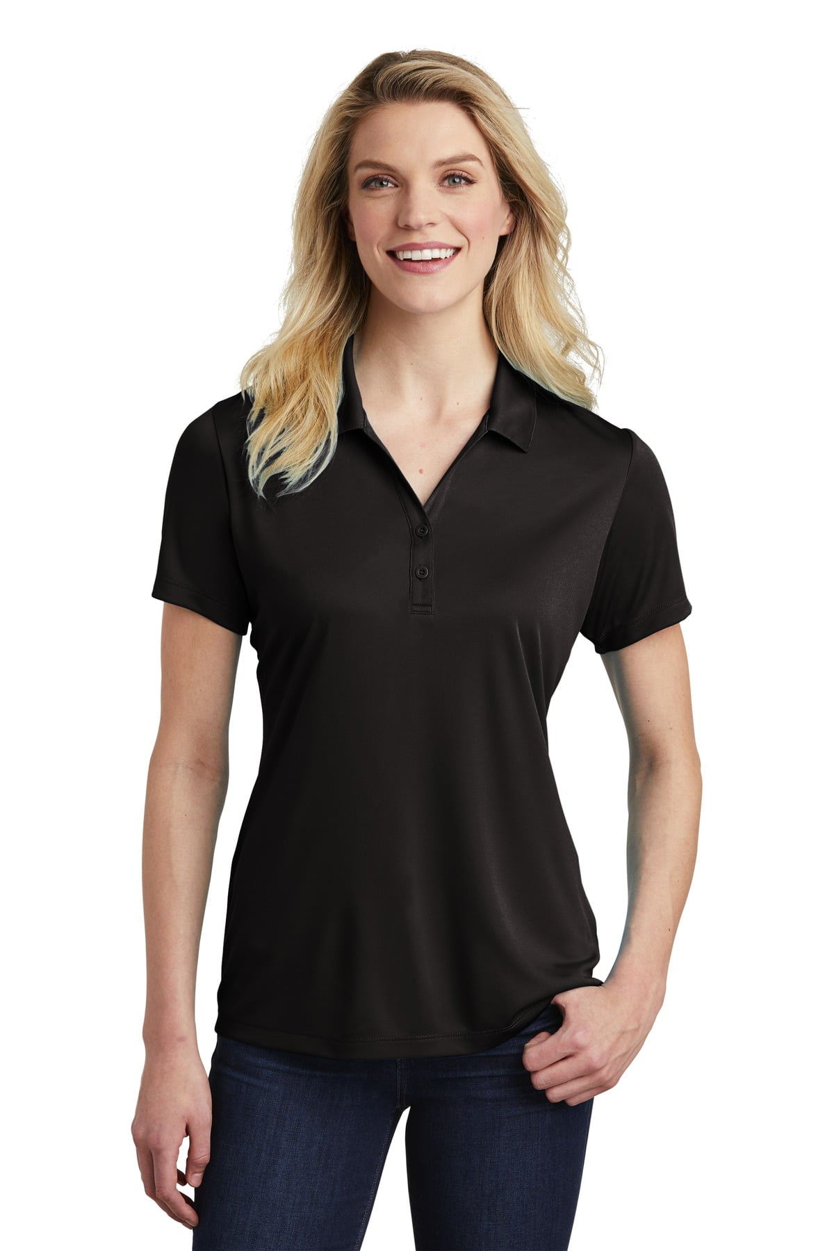 Sport Tek Women's V-Neck Polo with Collar, Short Sleeves, Black, Small ...