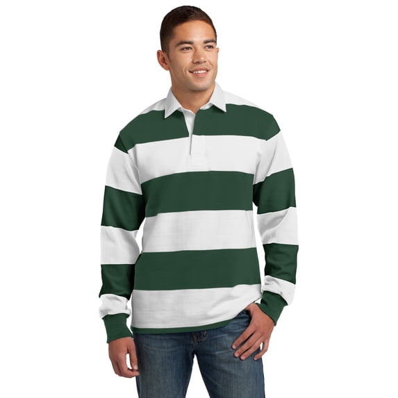 Sport-Tek Classic Long Sleeve Rugby Polo, Forest Green and White, Ring ...